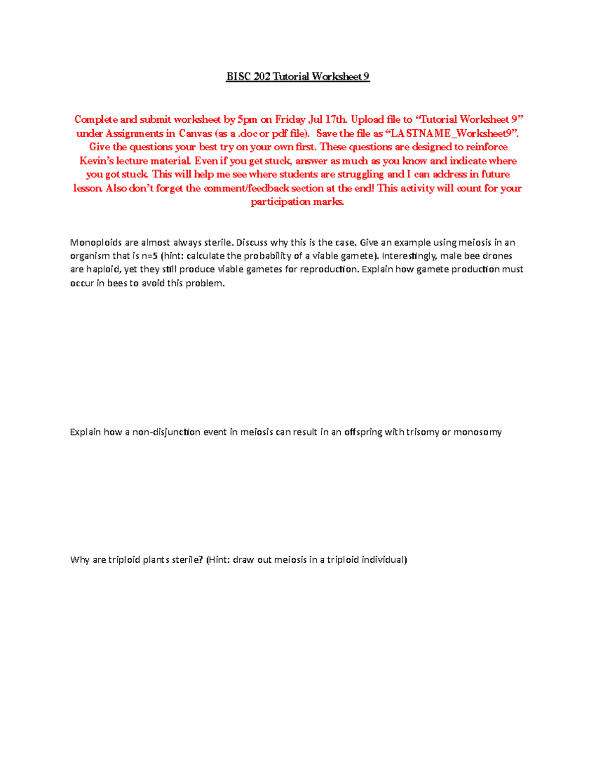 Tutorial 9 Worksheet Questions - Warning: TT: undefined function: 32 BISC 202 Tutorial Worksheet ...