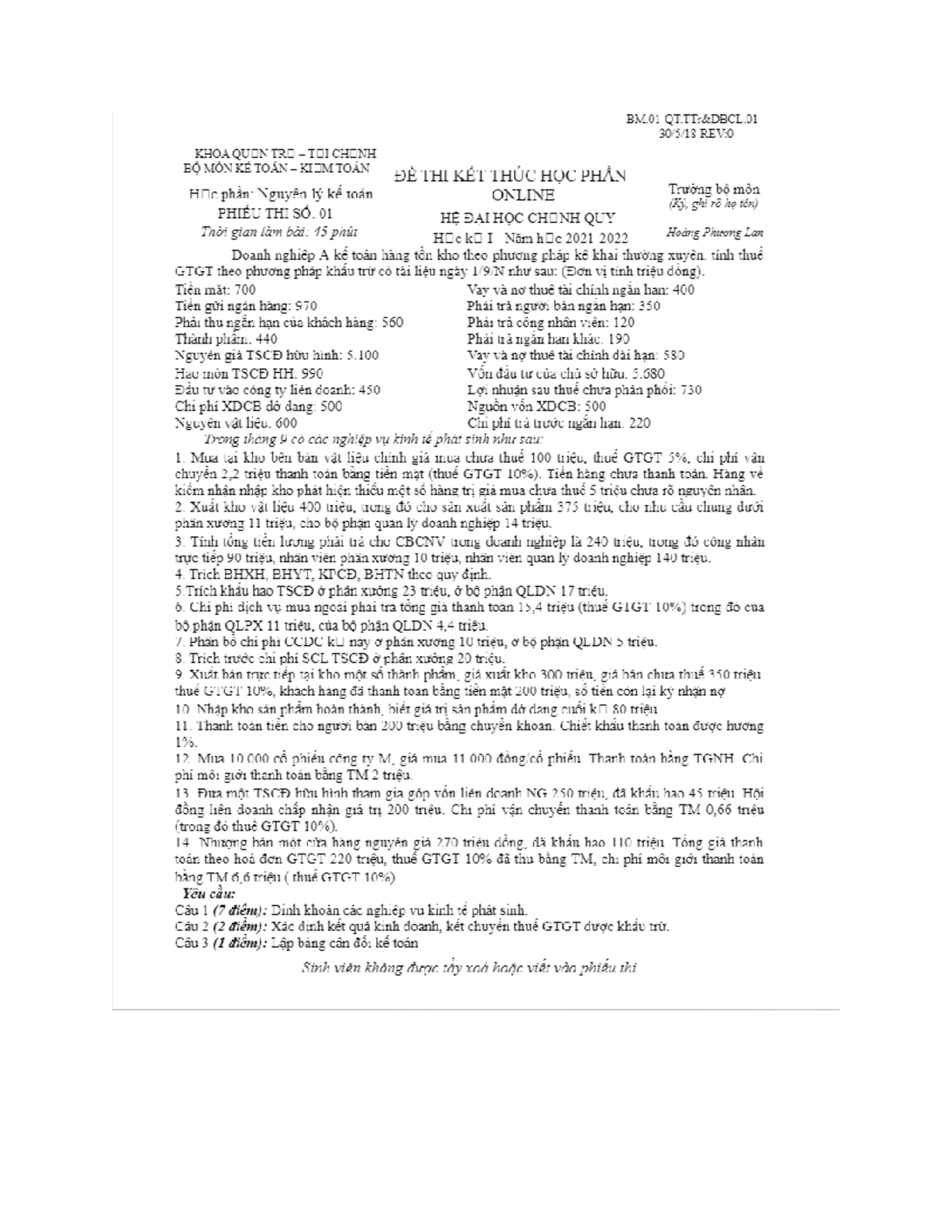 ĐỀ 1 - đề thi tham khảo NLTK - Dạng câu 1 Mua vật liệu chính nhập kho giá mua chưa thuế 250 ...