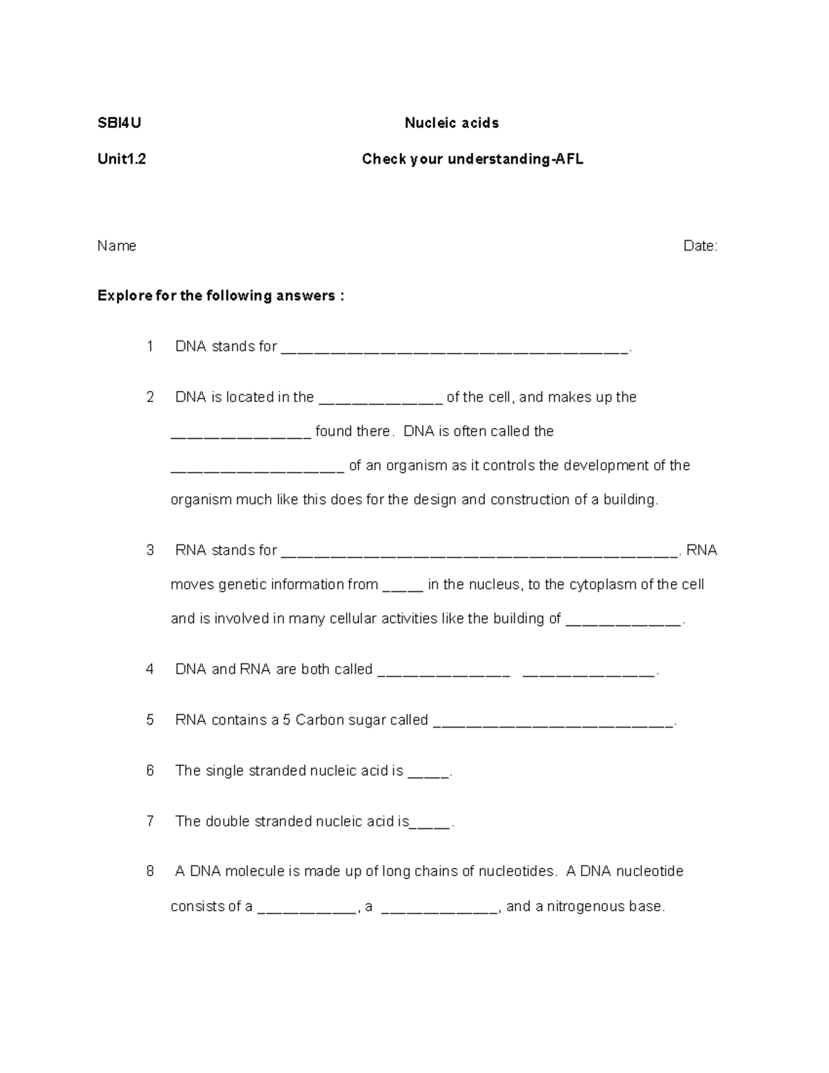 14 - extra practice - SBI4U Nucleic acids Unit1 Check your ...