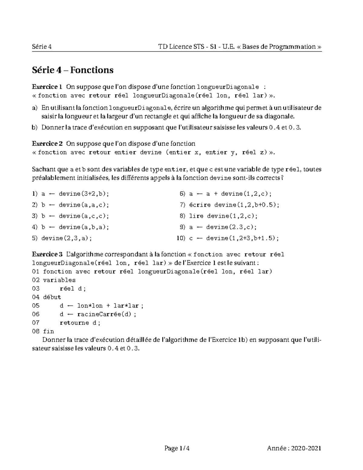 TD Numero 4 Initiation à l'Algorithmique - Série 4 – Fonctions Exercice ...