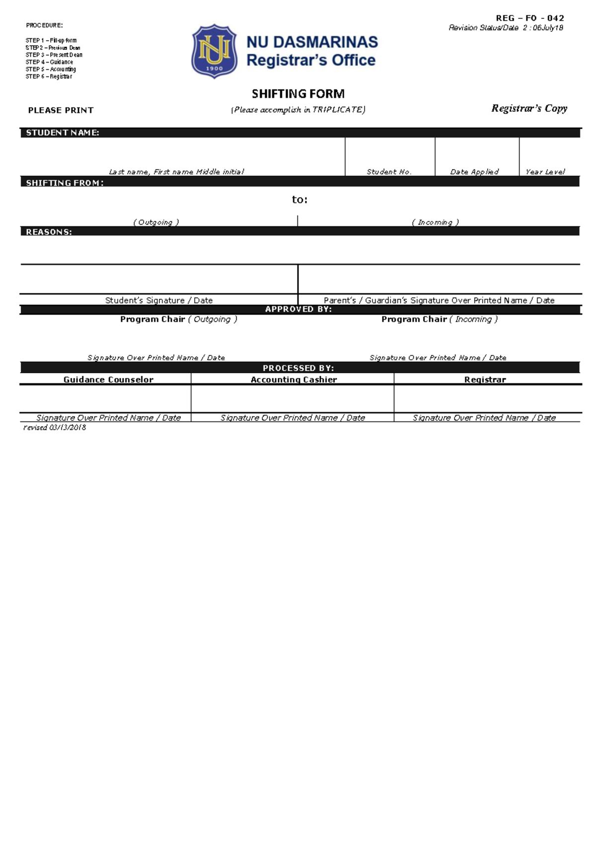 REG-FO-042 - Shifting Form - PROCEDURE: STEP 1 – Fill-up form STEP 2 ...