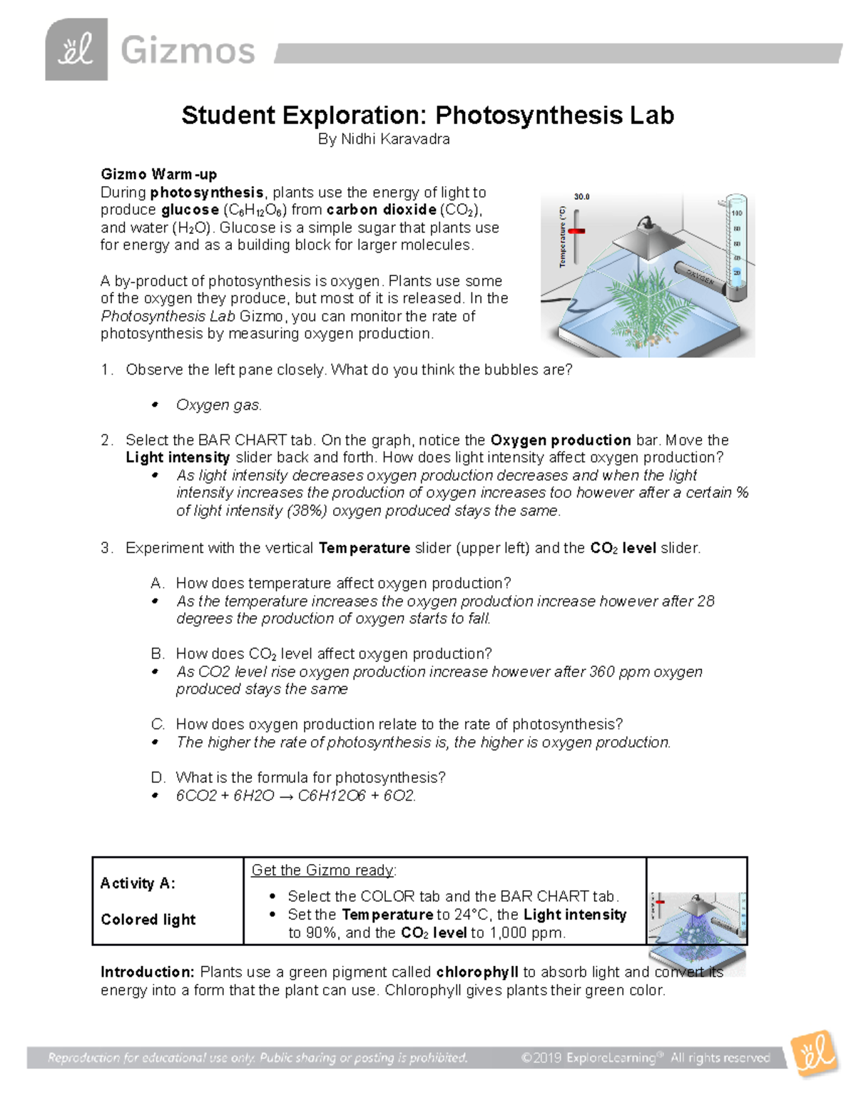 Gizmo Photosynthesis Lab Student Version 2019 Student Exploration