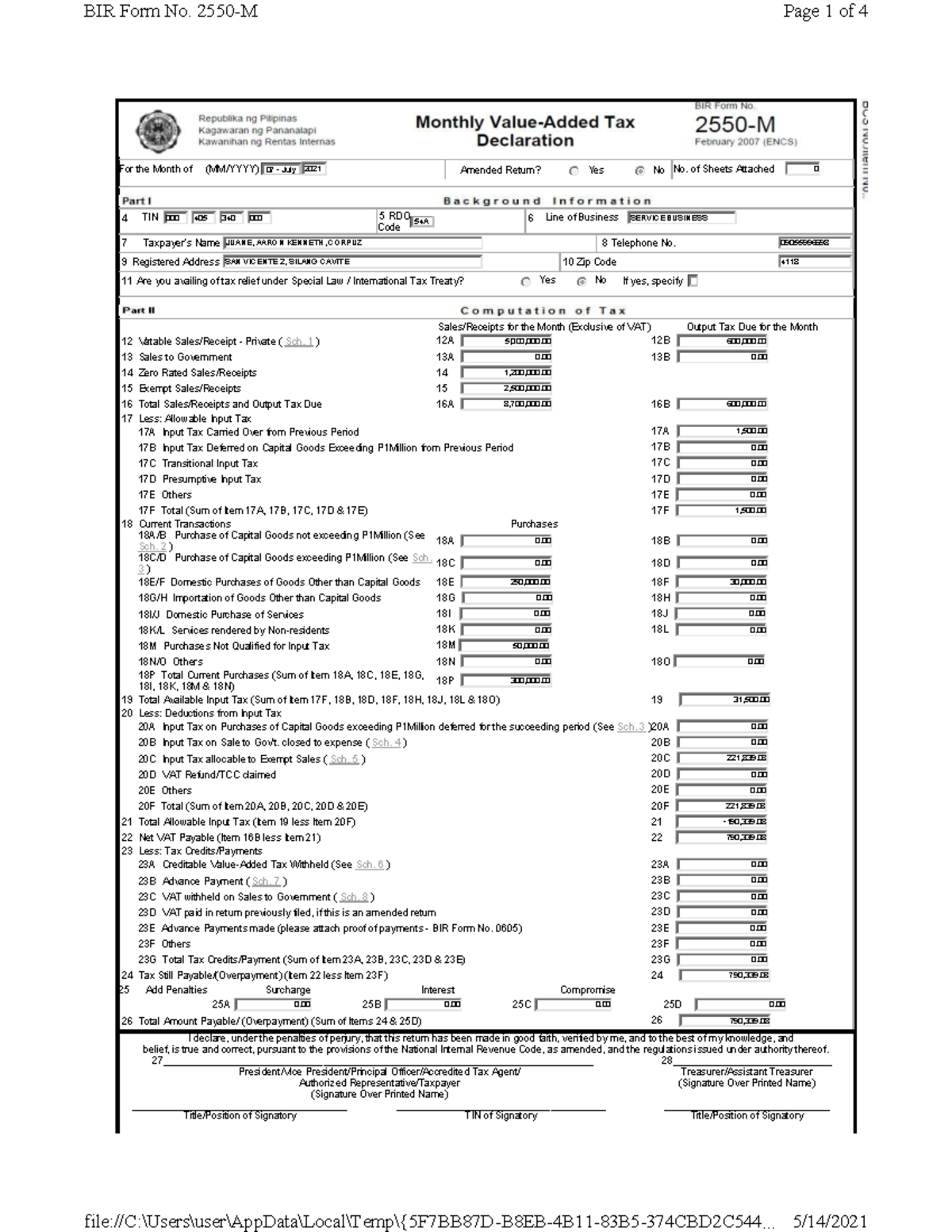 Monthly VAT Declaration JULY Juane - For the Month of (MM/YYYY) 07 ...