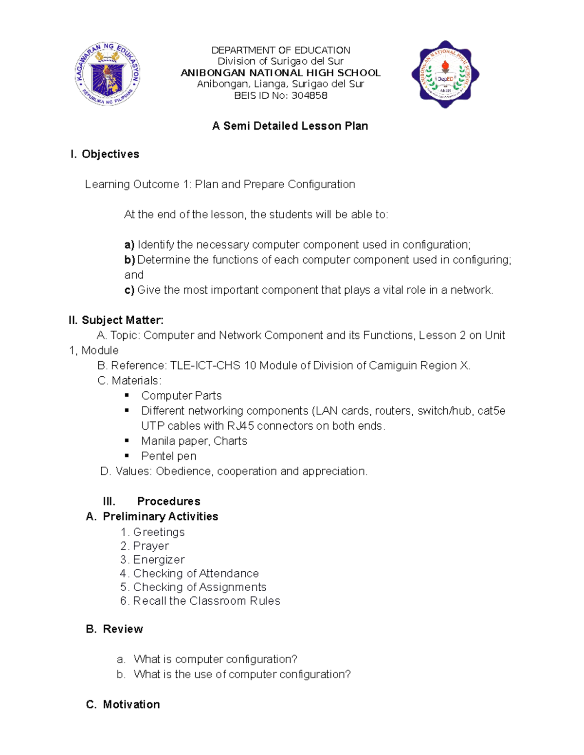 CO - Lesson plan - A Semi Detailed Lesson Plan I. Objectives Learning ...