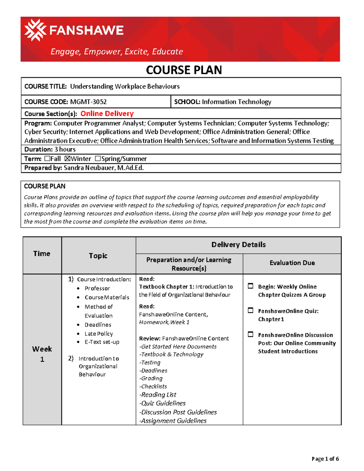 MGMT-3052-Course plan - COURSE PLAN COURSE TITLE: Understanding ...
