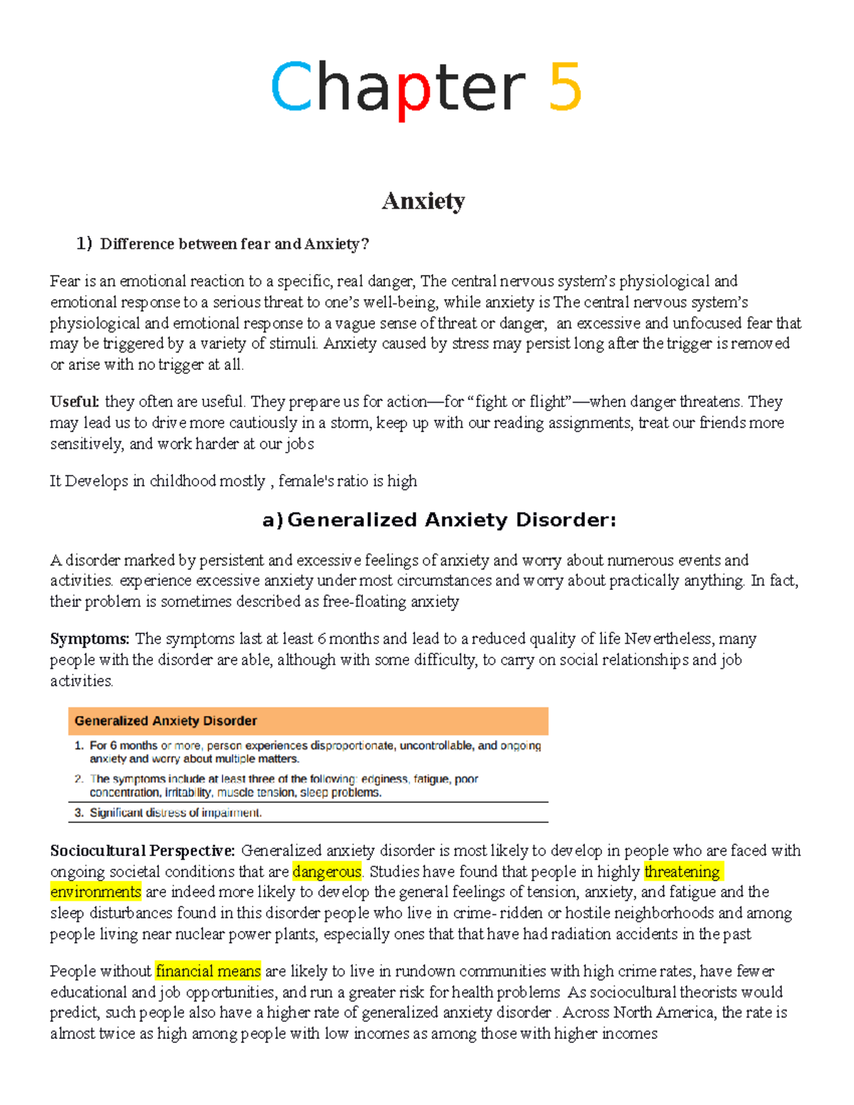 Daignosis Final - sdcn.ZDSC - Chapter 5 Anxiety Difference between fear ...