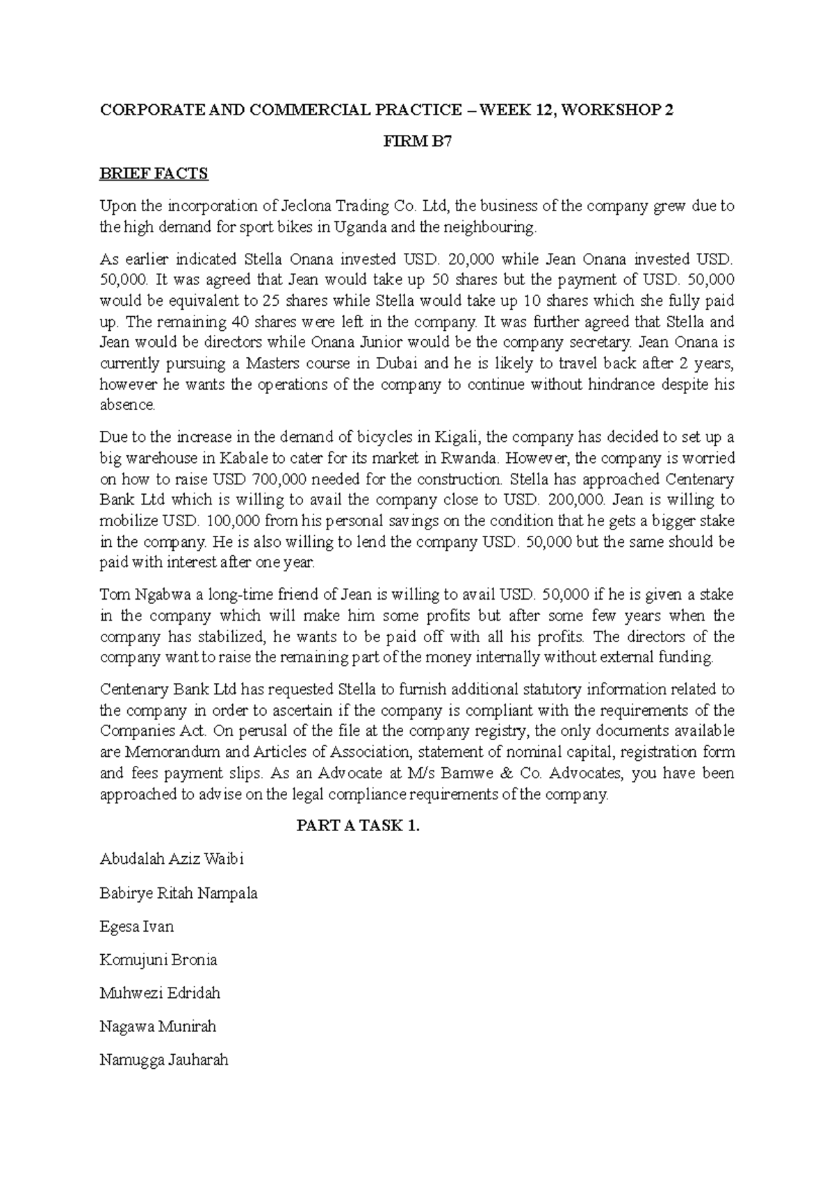 FIRM B7 Workshop 2. CCP - Week 12 - CORPORATE AND COMMERCIAL PRACTICE ...