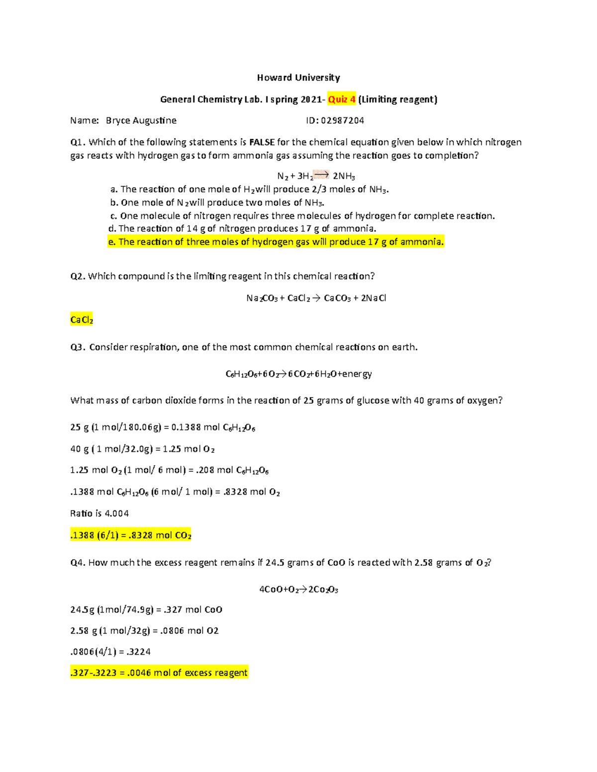 Highlighted quiz 4 - quiz help - Howard University General Chemistry ...
