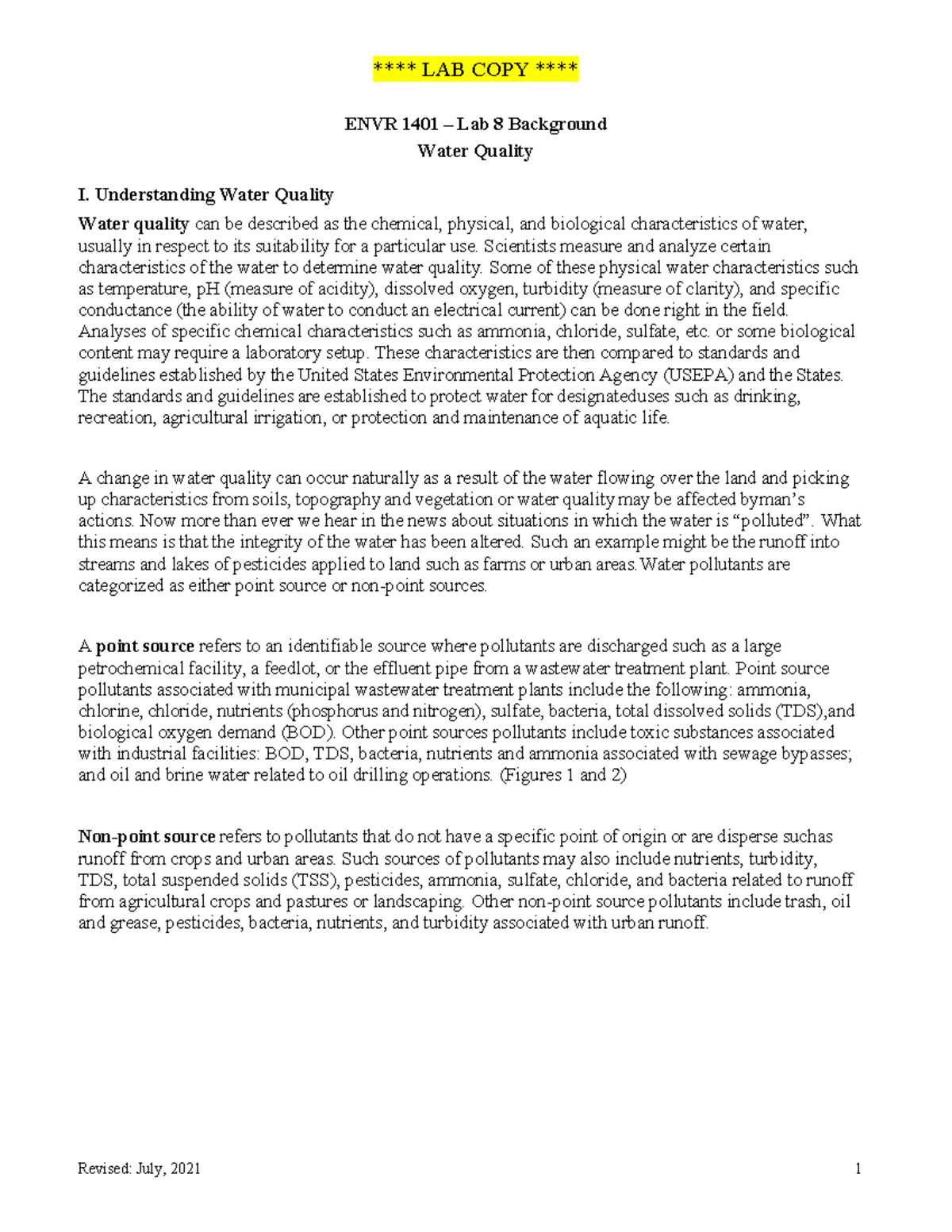 ENVR1401 Lab 8 Water Quality Background 2021 - **** LAB COPY **** ENVR 1401 – Lab 8 Background ...
