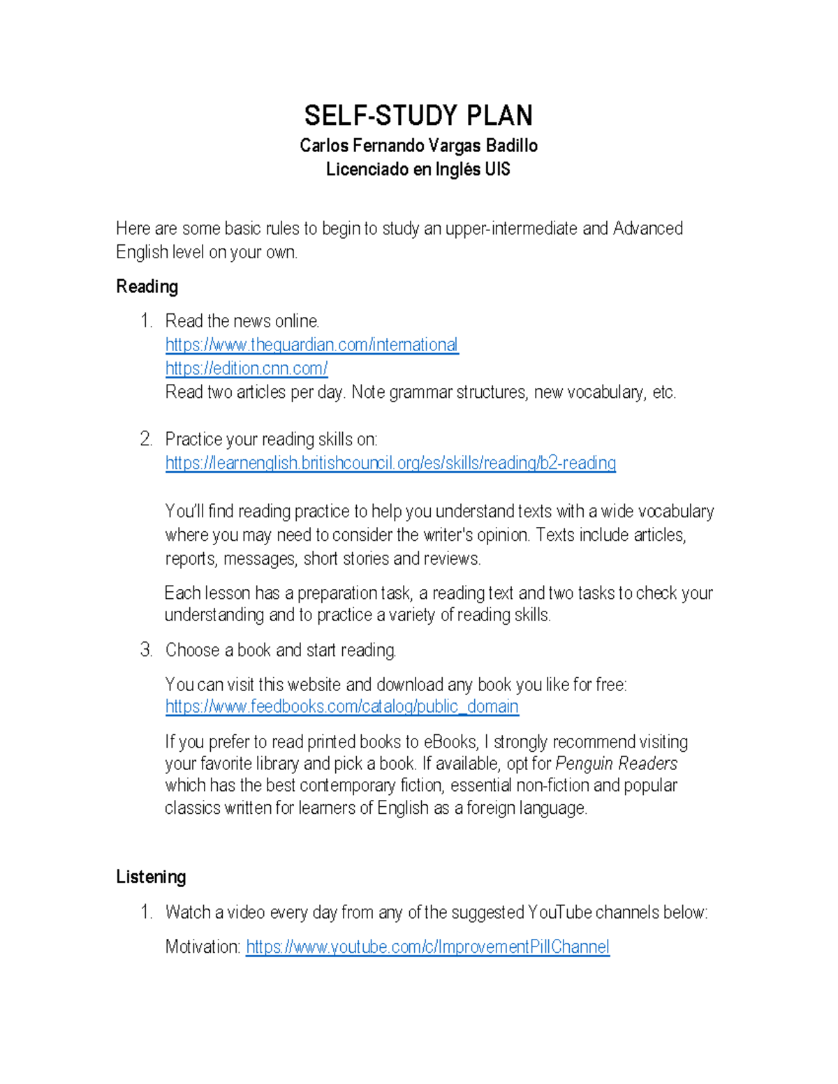 Self-Study B2 - C1 - Ingles - SELF-STUDY PLAN Carlos Fernando Vargas Badillo Licenciado en ...