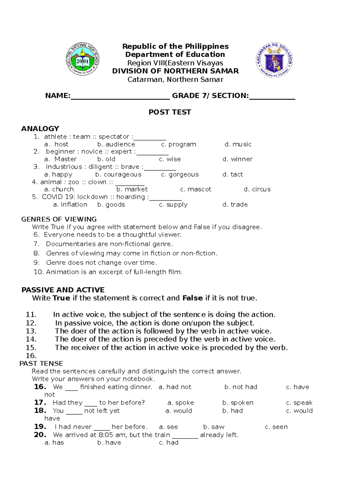 POST TEST - English 7 post test - Republic of the Philippines ...