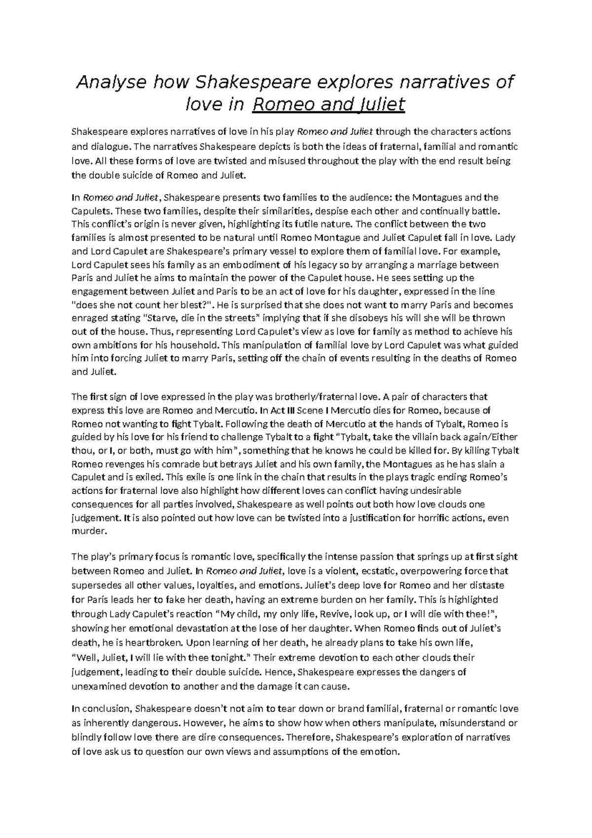 Analyse how Shakespeare explores narratives of love in Romeo and Juliet ...