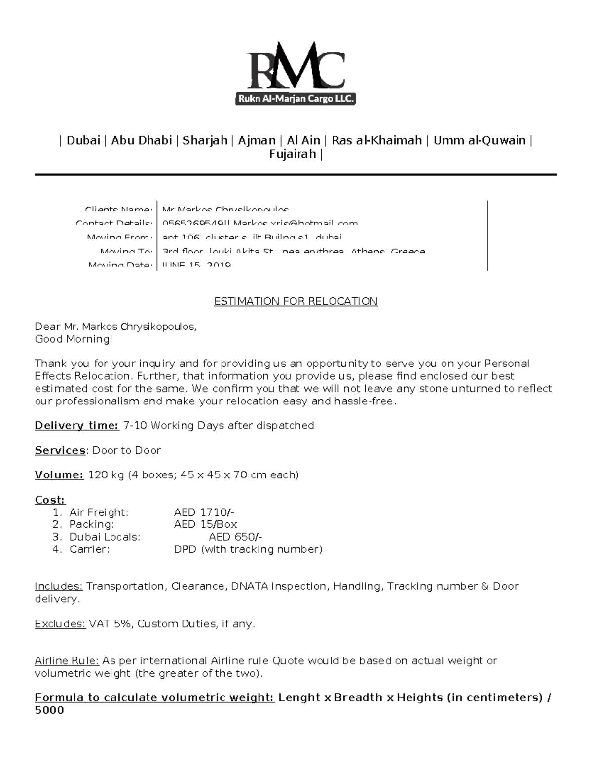 International Air Freight Quotation - | Dubai | Abu Dhabi | Sharjah ...