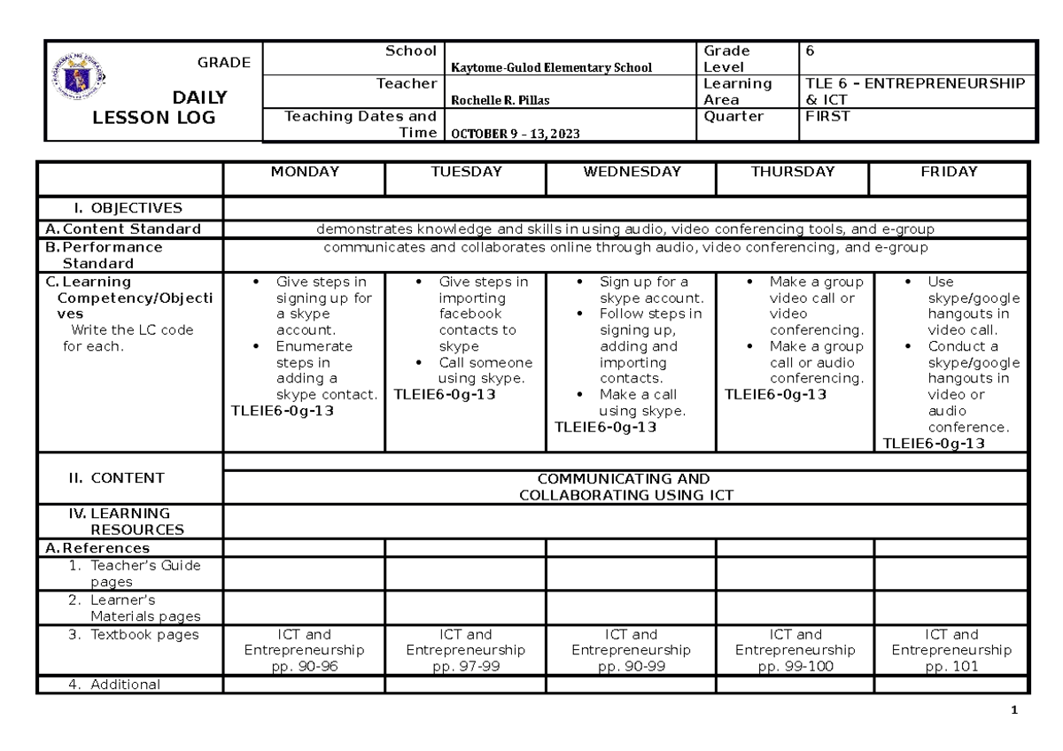 DLL TLE-ICT WEEK 7 - It is a sample lesson log for everyday - GRADE 1 to 12 DAILY LESSON LOG ...