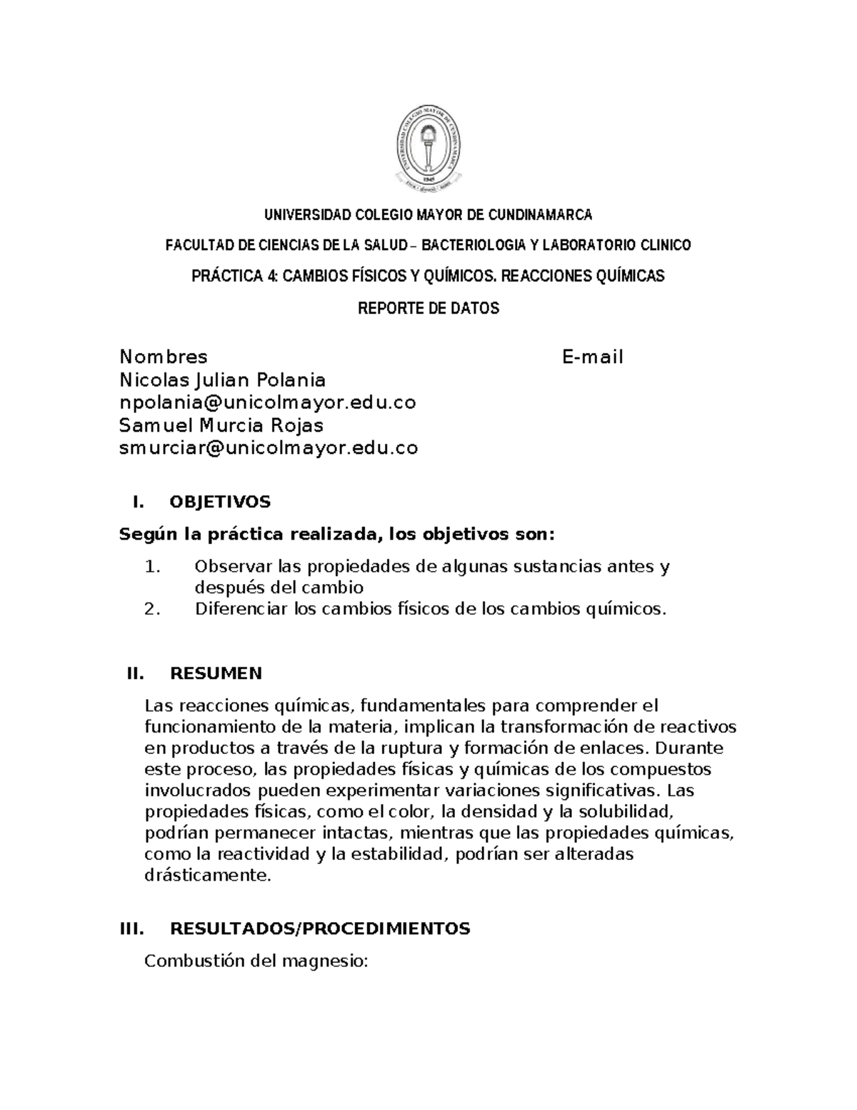Reporte de datos - UNIVERSIDAD COLEGIO MAYOR DE CUNDINAMARCA FACULTAD ...