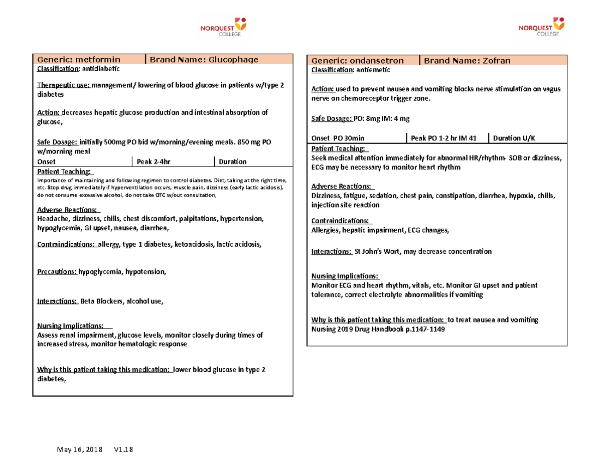 Nursing Medication Cards - May 16, 2018 V1. Generic: metformin Brand ...