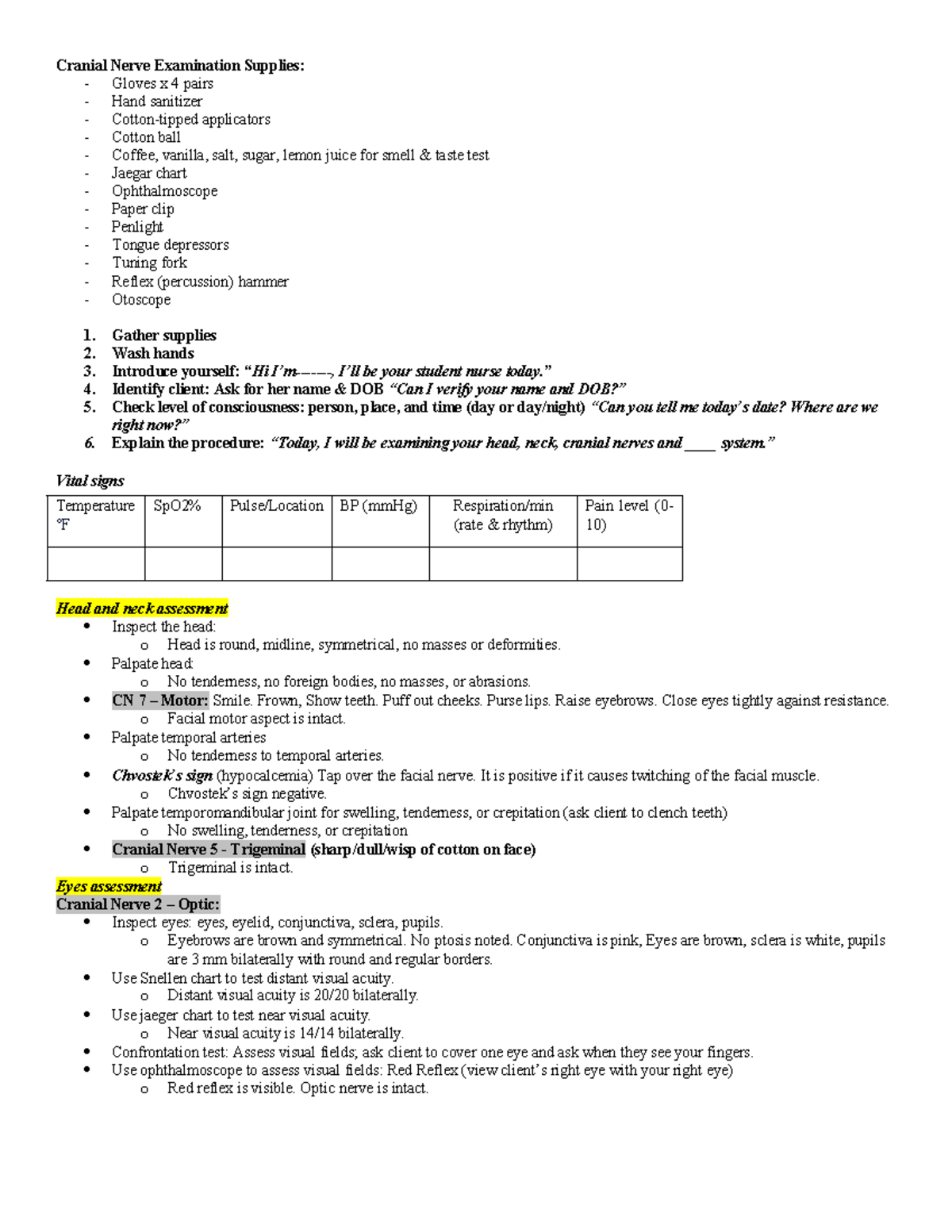 Guide for client assessment final (revised) - Cranial Nerve Examination ...