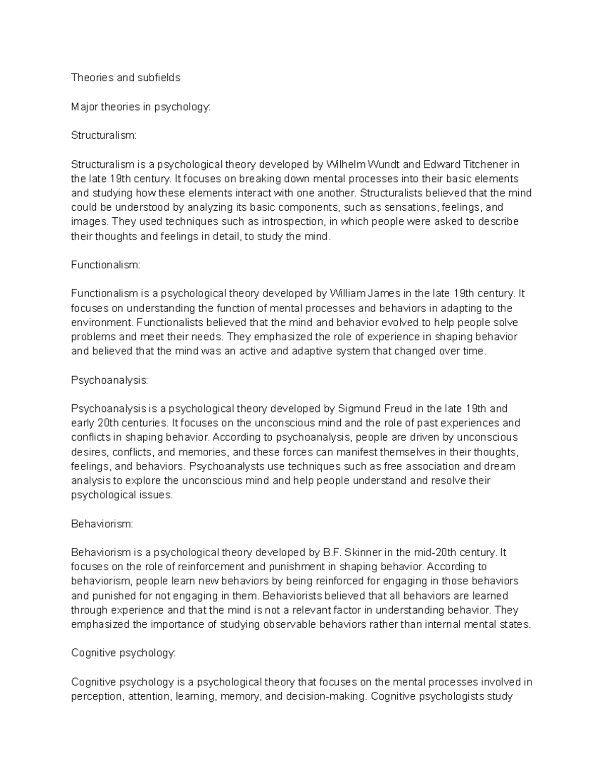 Psyc theories and subfields - Theories and subfields Major theories in ...