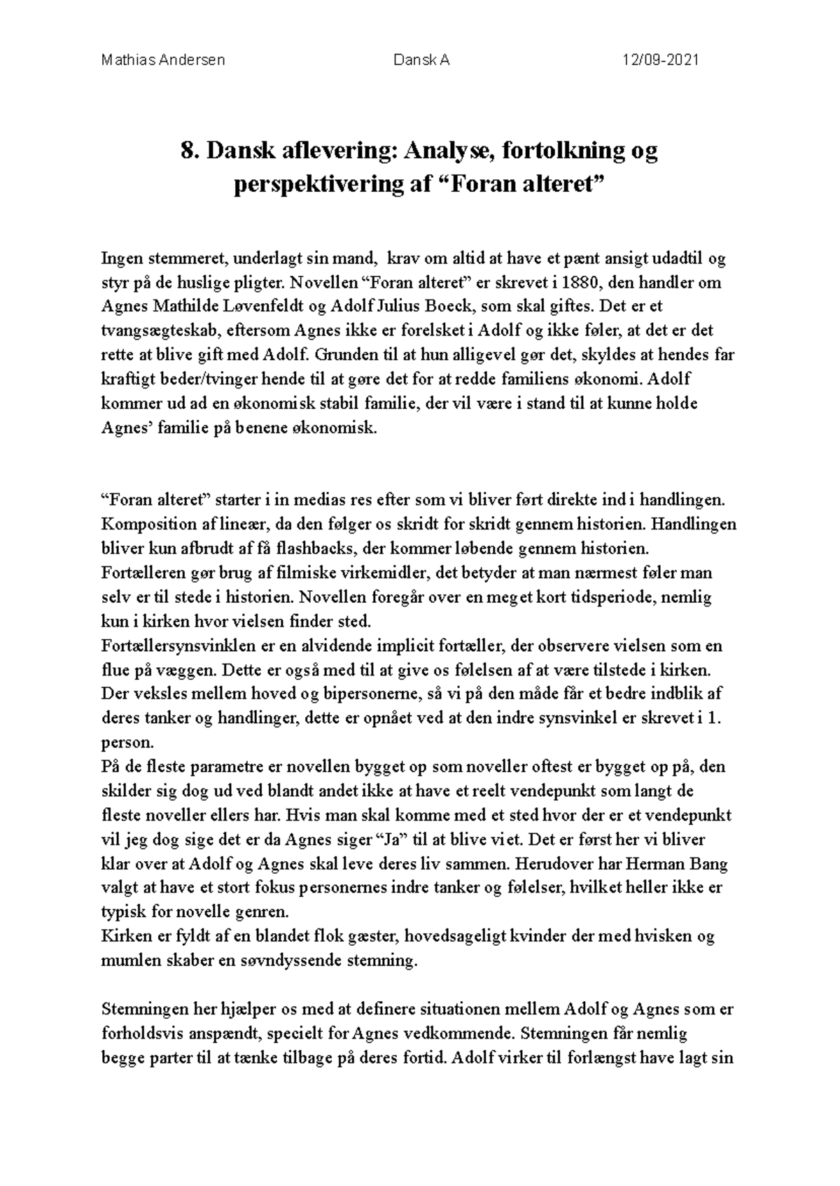 8. Danskaflevering Analyse, fortolkning og perspektivering af "Foran alteret" - 8. Dansk ...
