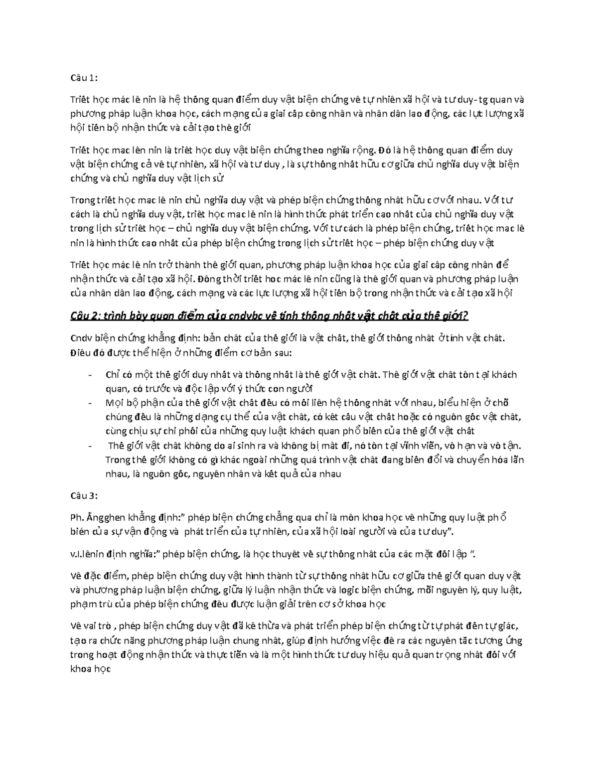 Triết học - ôn tập - Câu 1: Triếết h ọc mác lế nin là h ệ thốếng quan đi ểm duy v ật bi ện ch ...