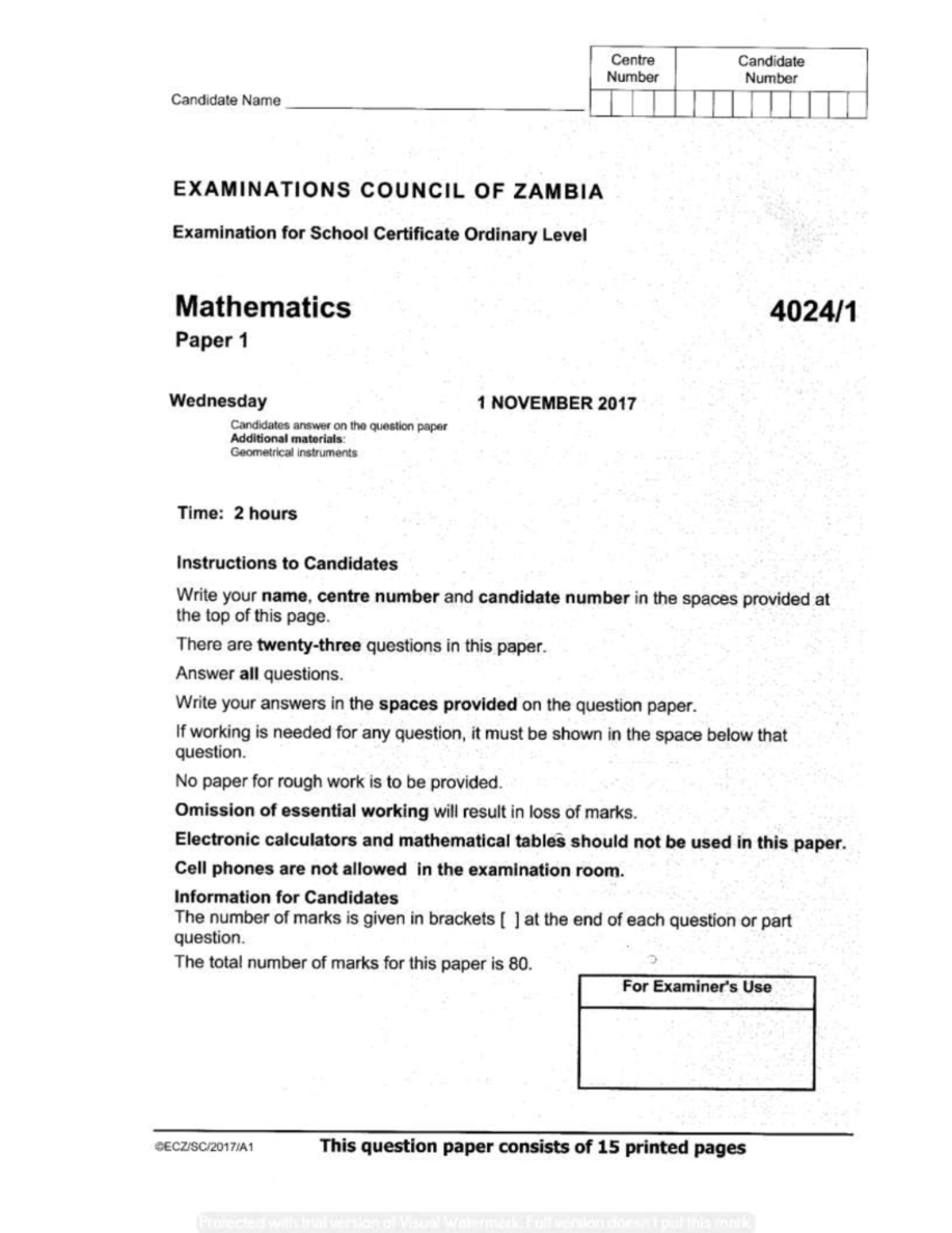 2017 Mathematics Paper 1 Past Paper - Centre Candidate Number Number ...
