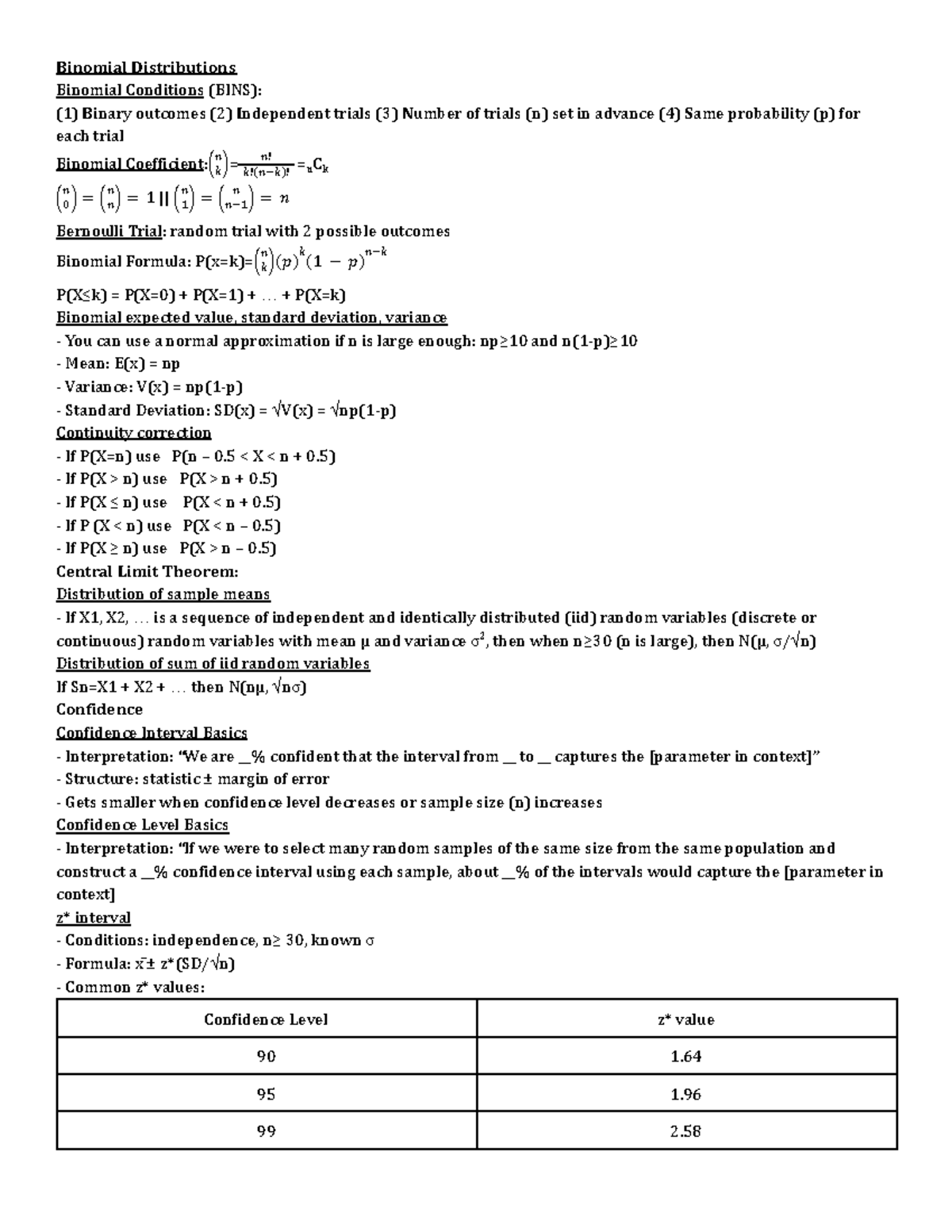Final Formula Sheet (2)-1 - Binomial Distributions Binomial Conditions ...