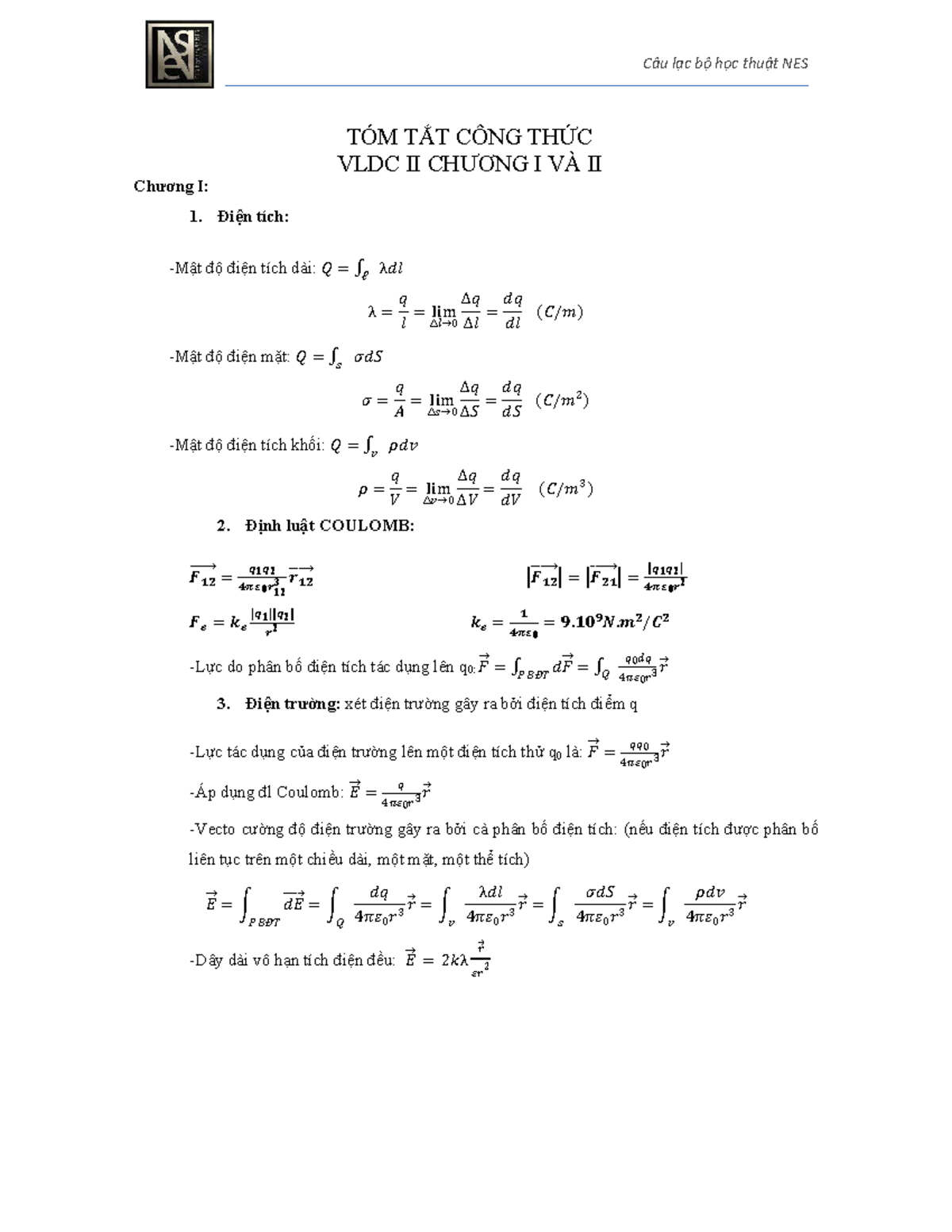 NES Vldcii Congthuc - Summary vật lí đại cương 2 - TÓM TẮT CÔNG THỨC ...