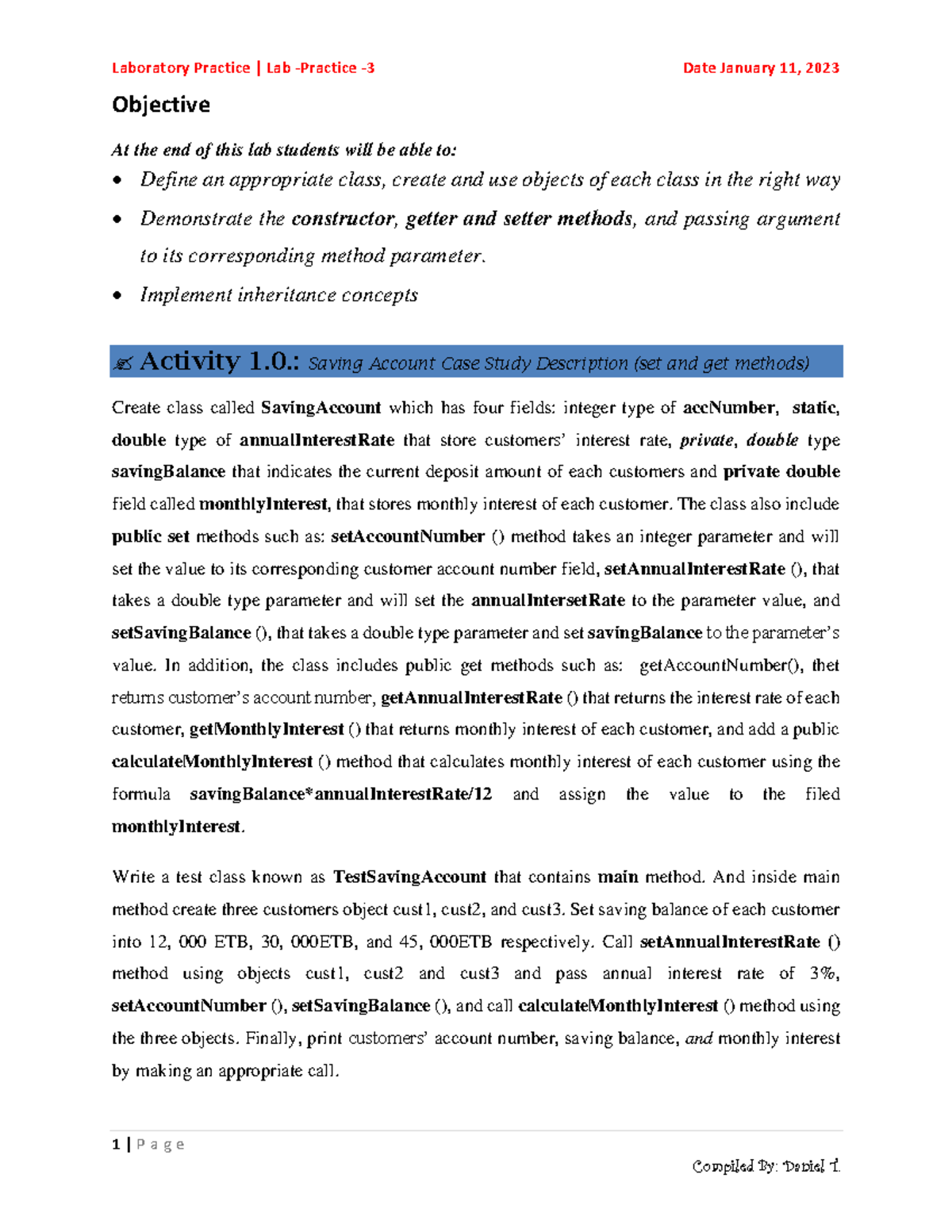 Lab 3-OOP Practice - gvj - 1 | P a g e Objective At the end of this lab students will be able to ...
