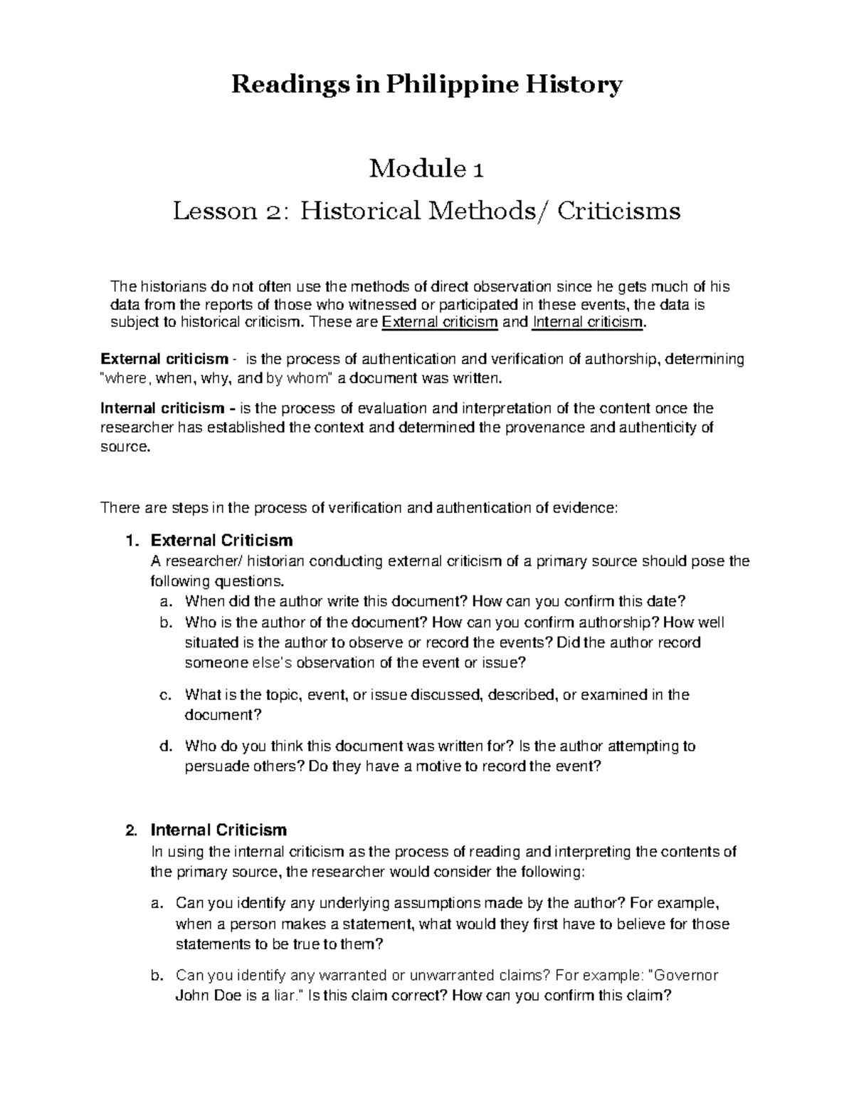 Module 1 Lesson 3 External - Internal Criticism - Readings in ...