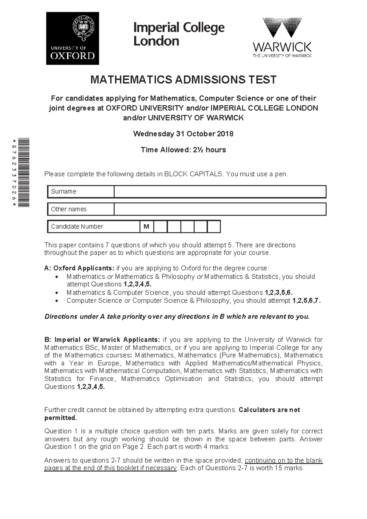 Test18 1 - practice paper - MATHEMATICS ADMISSIONS TEST For candidates ...