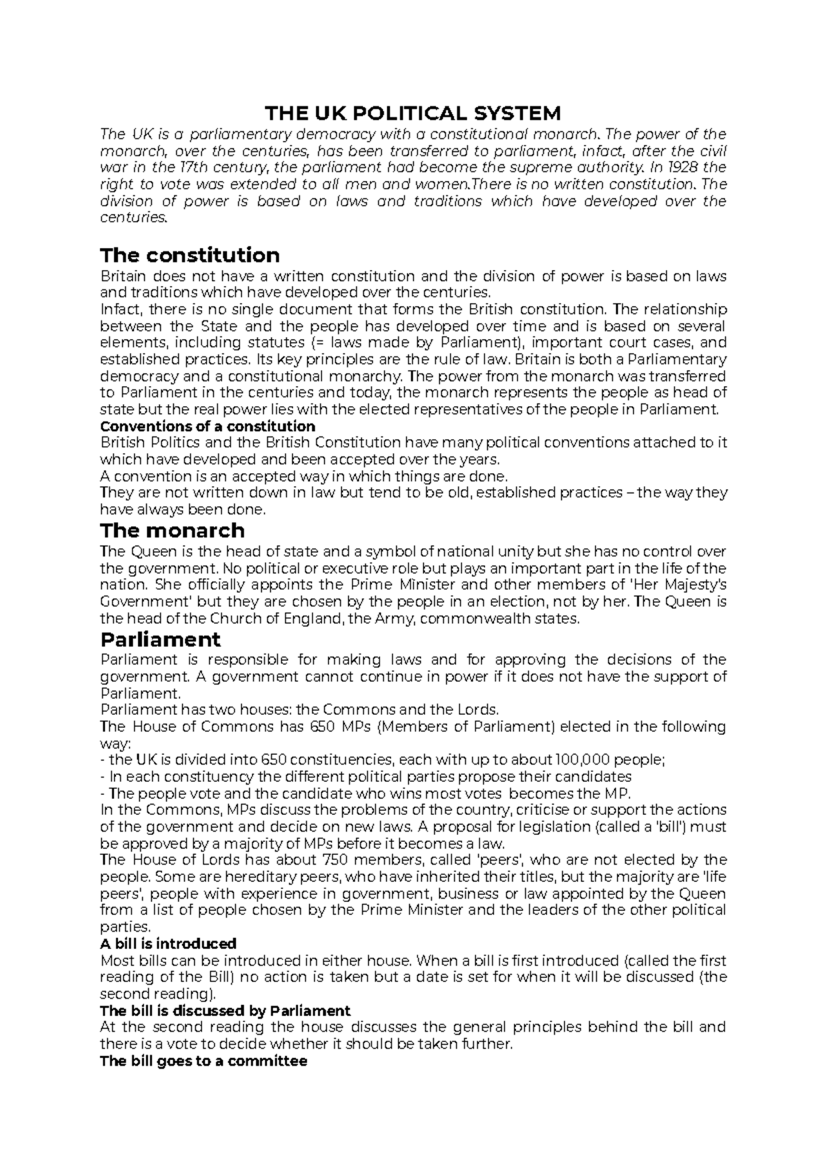 Politic UK AND USA - THE UK POLITICAL SYSTEM The UK is a parliamentary ...