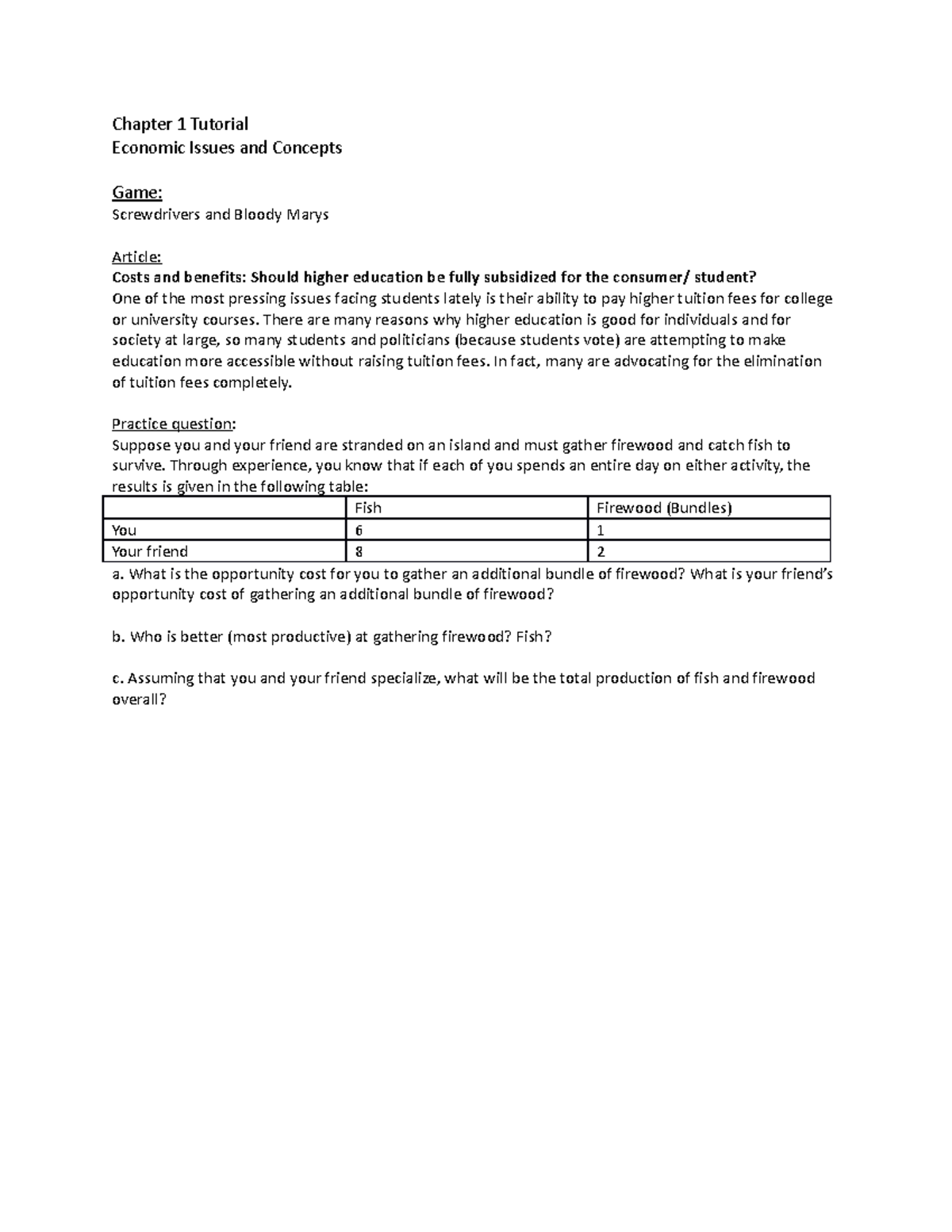 1101 Chapter 1 tutorial - Chapter 1 Tutorial Economic Issues and ...