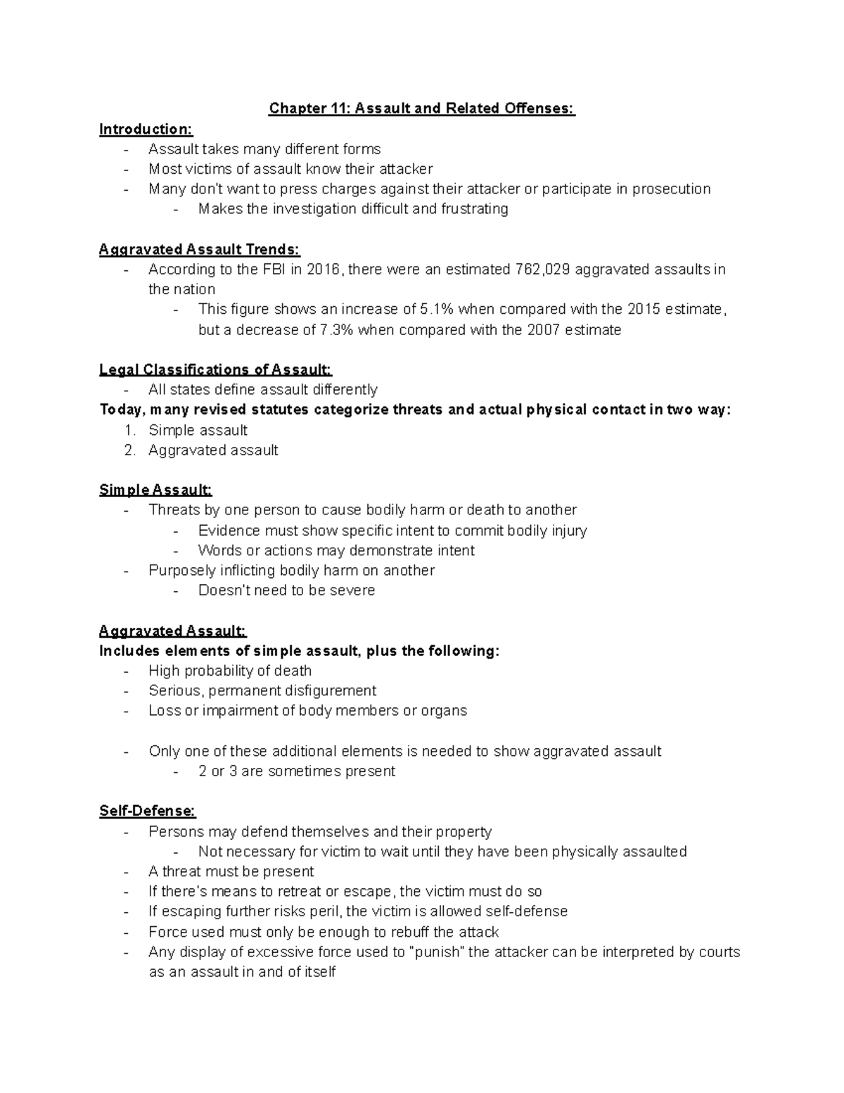 Chapter 11 CJST - notes - Chapter 11: Assault and Related Offenses ...