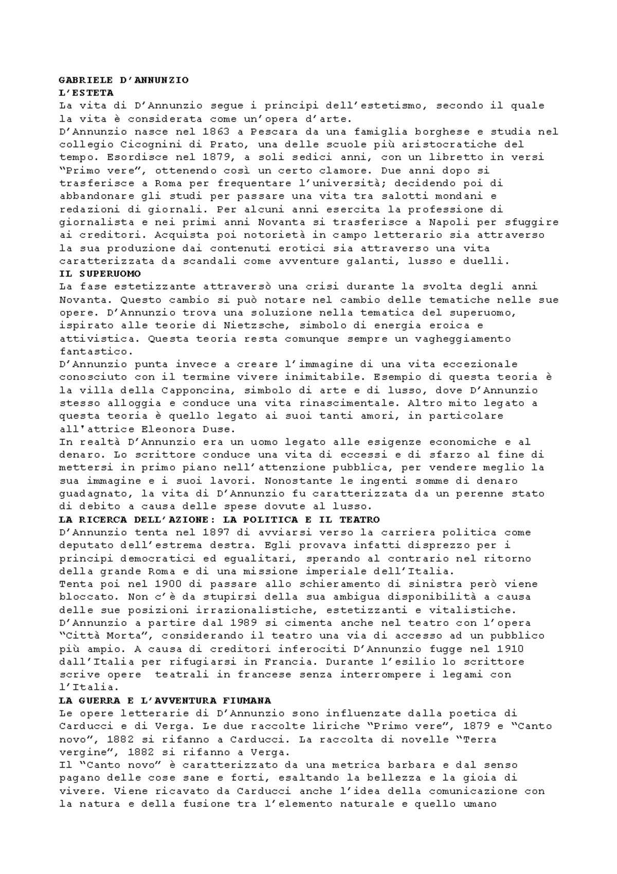 Appunti Gabriele D'Annunzio - GABRIELE D’ANNUNZIO L’ESTETA La vita di D’Annunzio segue i ...