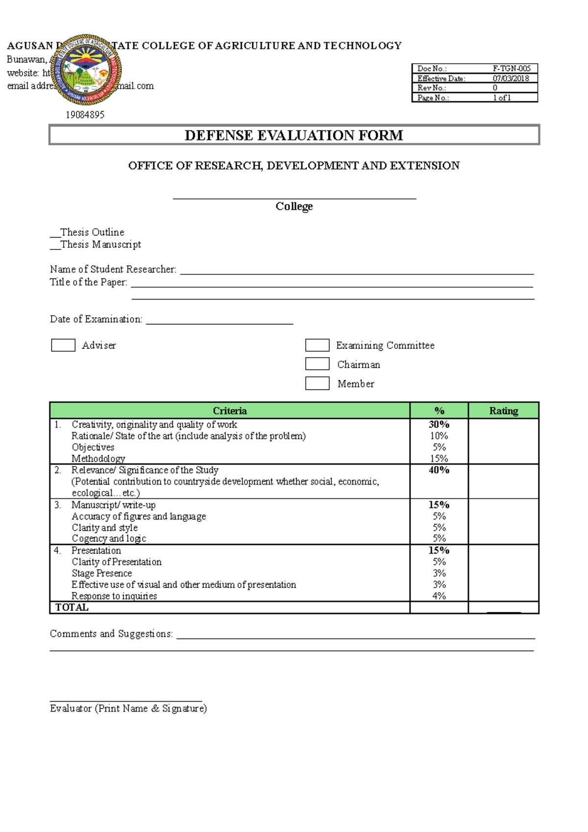 F TGN 005 Defense Evaluation Form - AGUSAN DEL SUR STATE COLLEGE OF ...