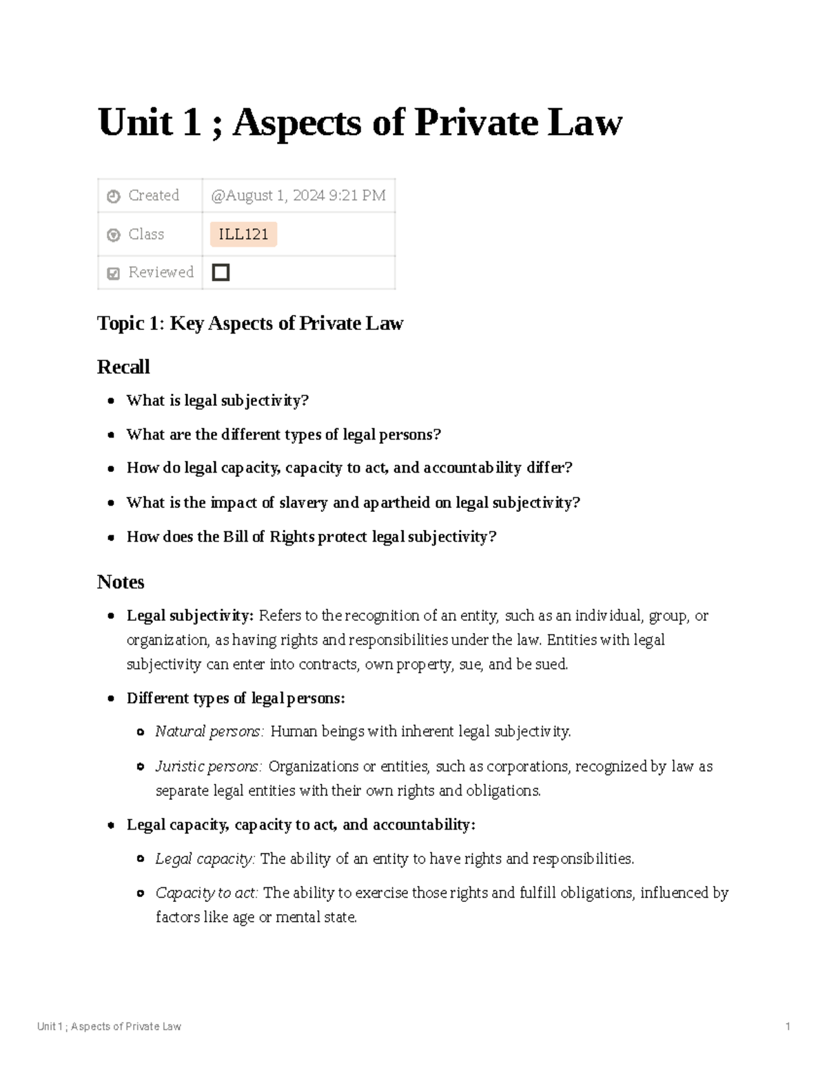 Unit 1 Aspects of Private Law ILL121 - Unit 1 ; Aspects of Private Law ...