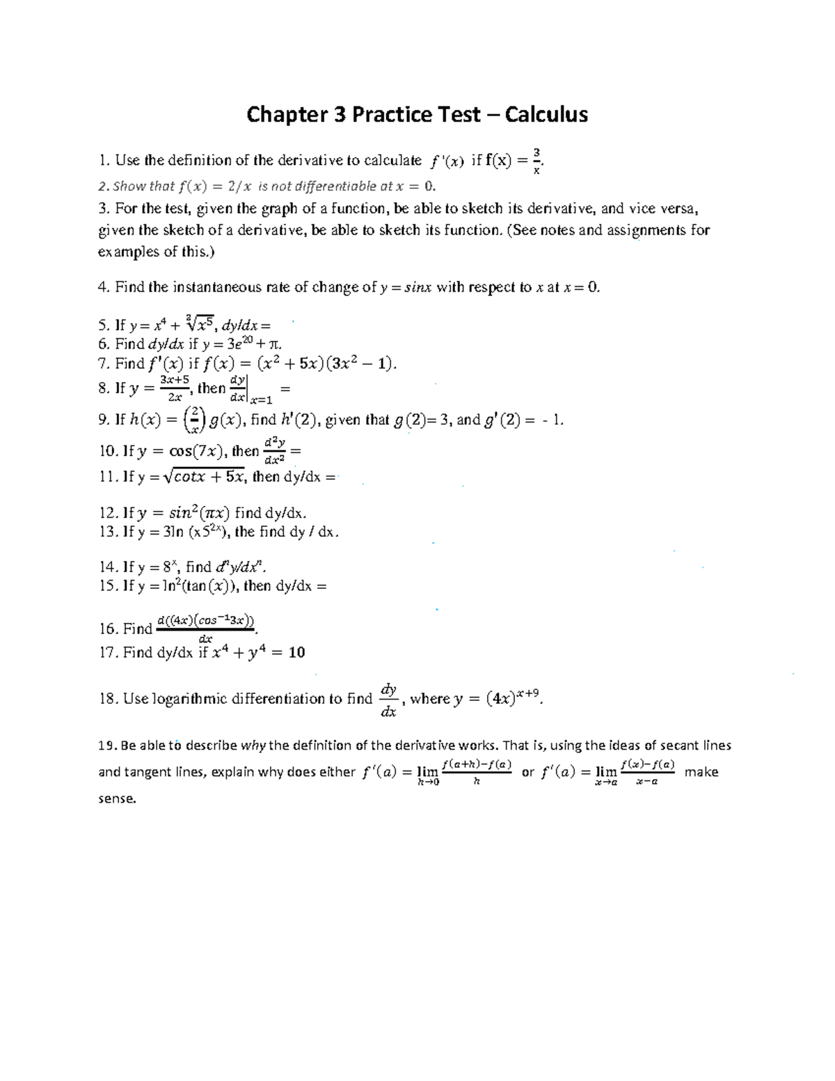 Ch3 Practice Test ver6 - Chapter 3 Practice Test – Calculus Use the ...