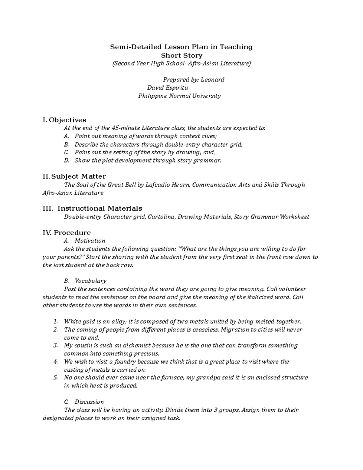 Semi detailed lesson plan in teaching short story - Semi-Detailed ...