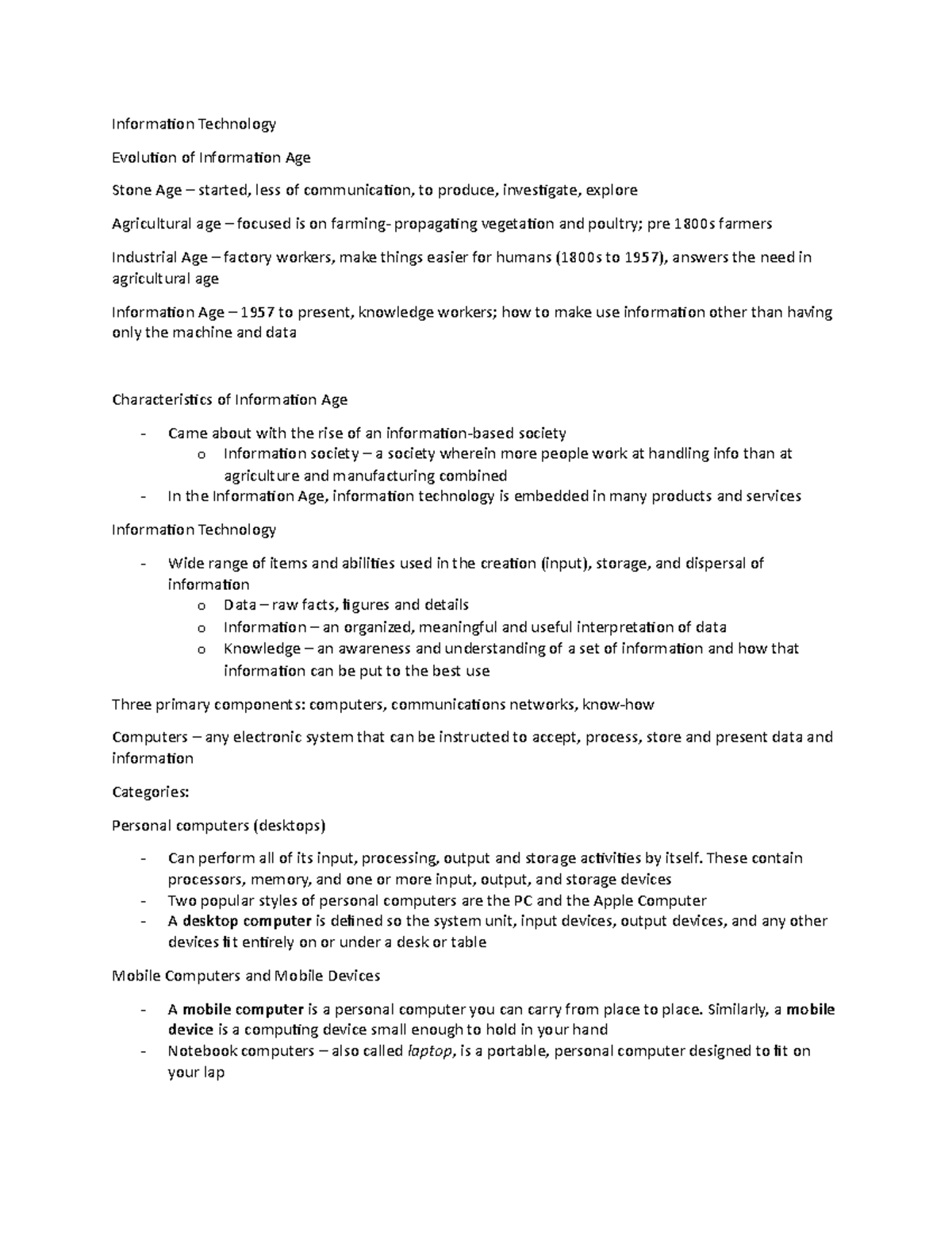 Information Technology Notes ISB 11C - Information Technology Evolution ...