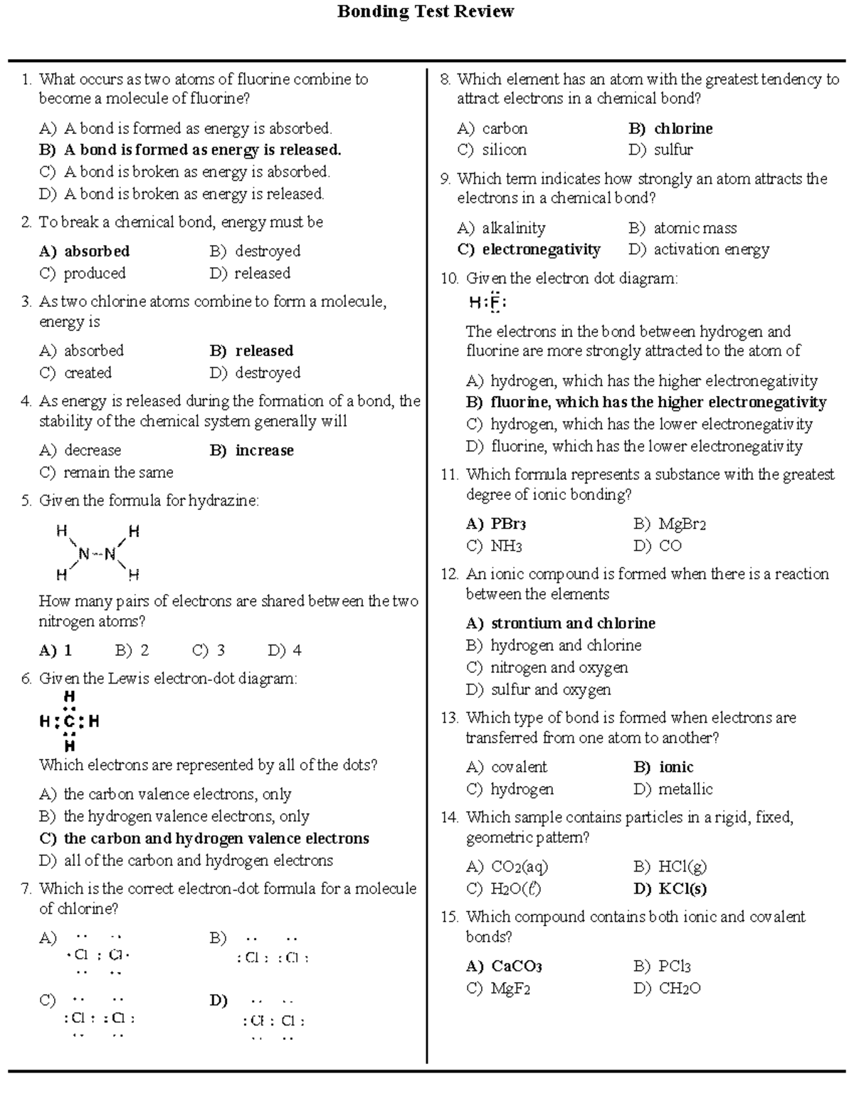 Bonding Test Review - B) A bond is formed as energy is released. C) A ...