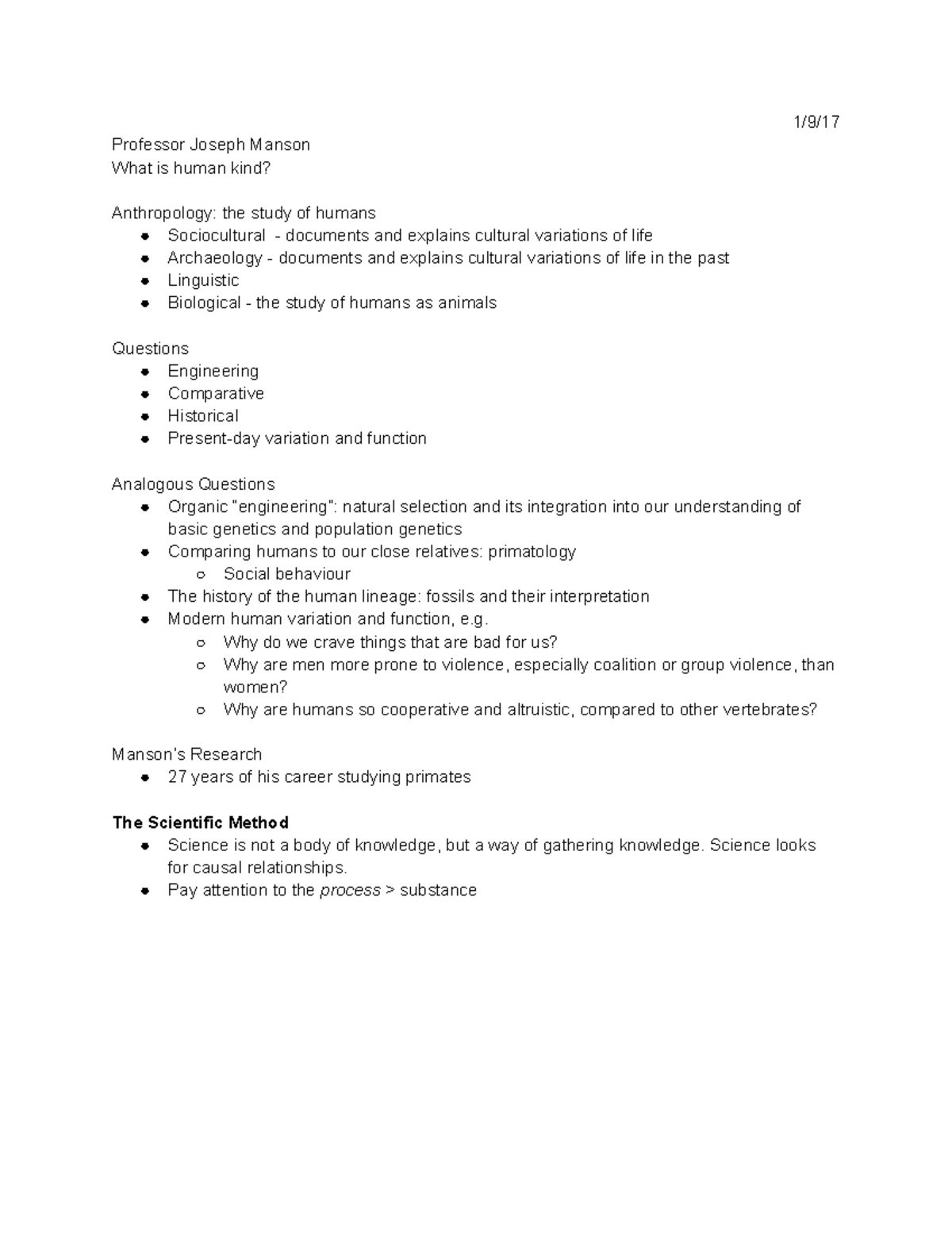 Lecture 1 - Joseph Manson - 1/9/ Professor Joseph Manson What is human ...