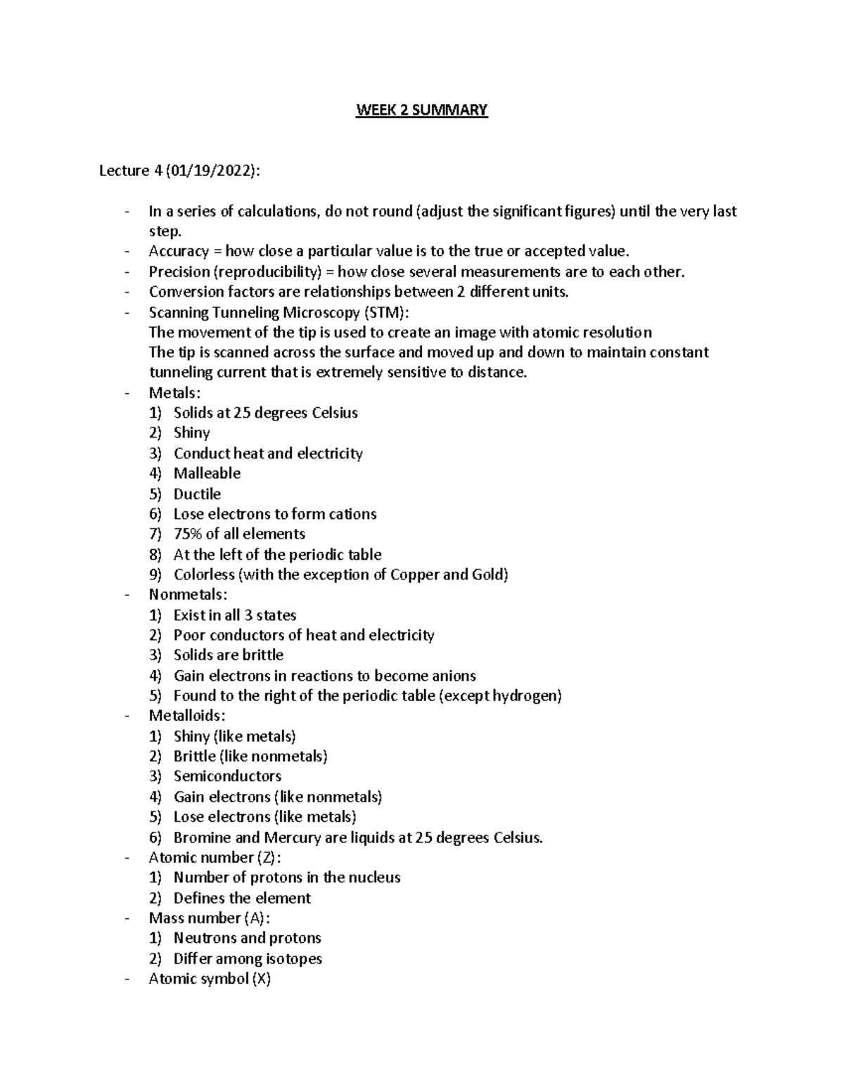 WEEK 2 Summary - Metals, nonmetals, isotopes, mass spectrometer - WEEK 2 SUMMARY Lecture 4 - Studocu