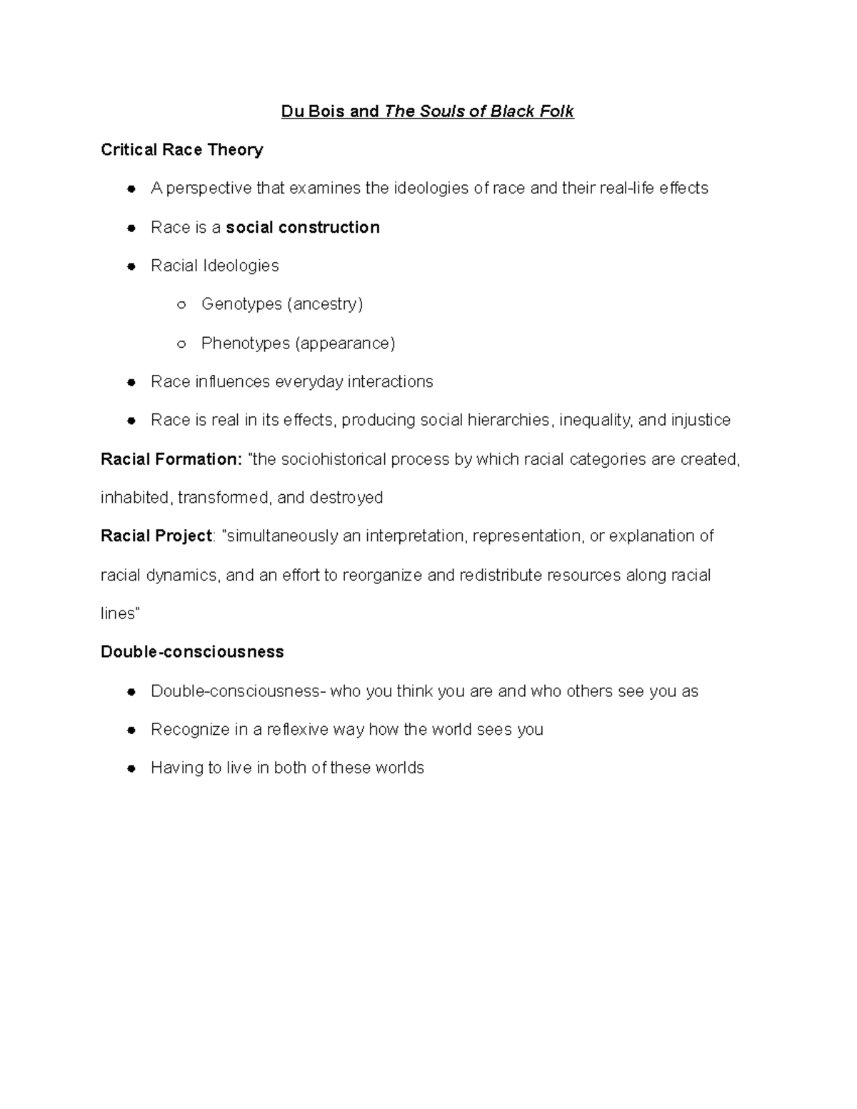 SOC Theory Notes Week 12 - Du Bois and The Souls of Black Folk Critical ...