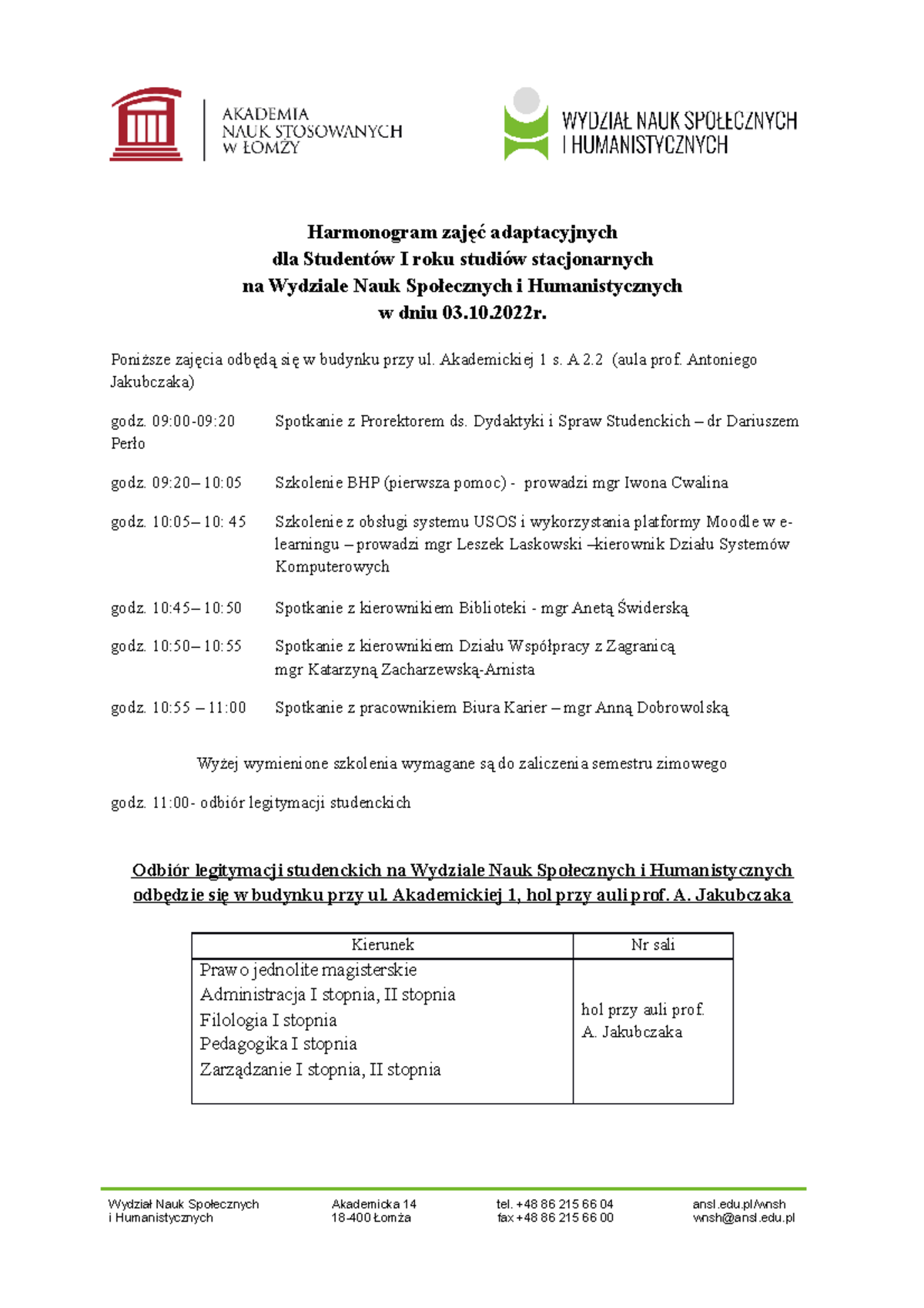 Harmonogram organizacyjny 2022 - 03 - Harmonogram zajęć adaptacyjnych dla Studentów I roku ...