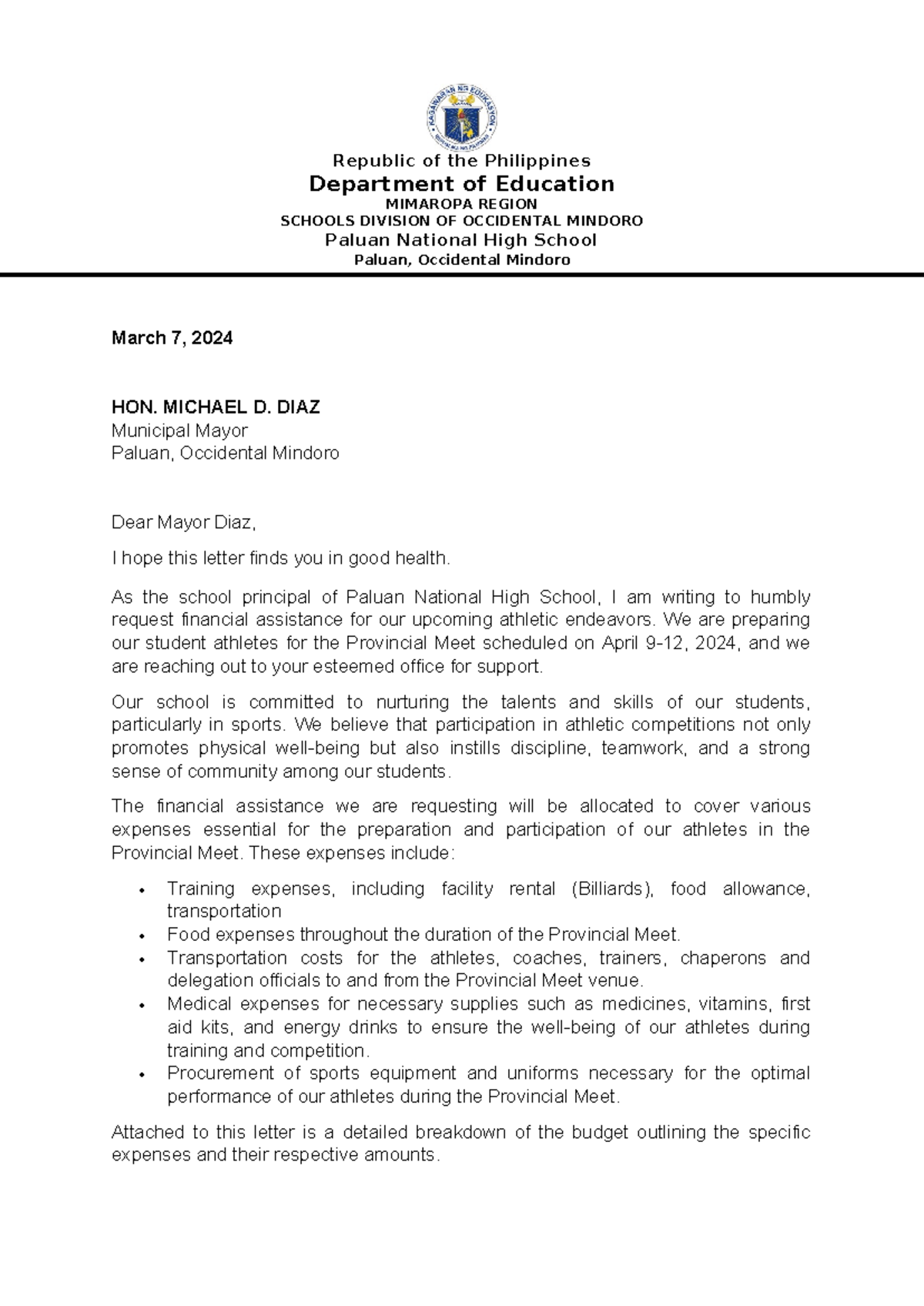 Request letter of Financial Assistance for Provincial Meet - Republic ...