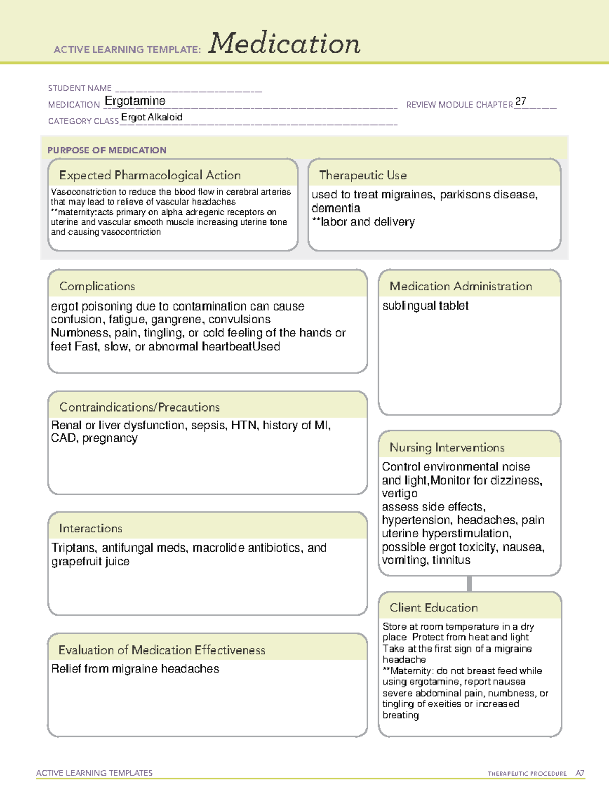 Ergotamine Medication Template - ACTIVE LEARNING TEMPLATES THERAPEUTIC ...