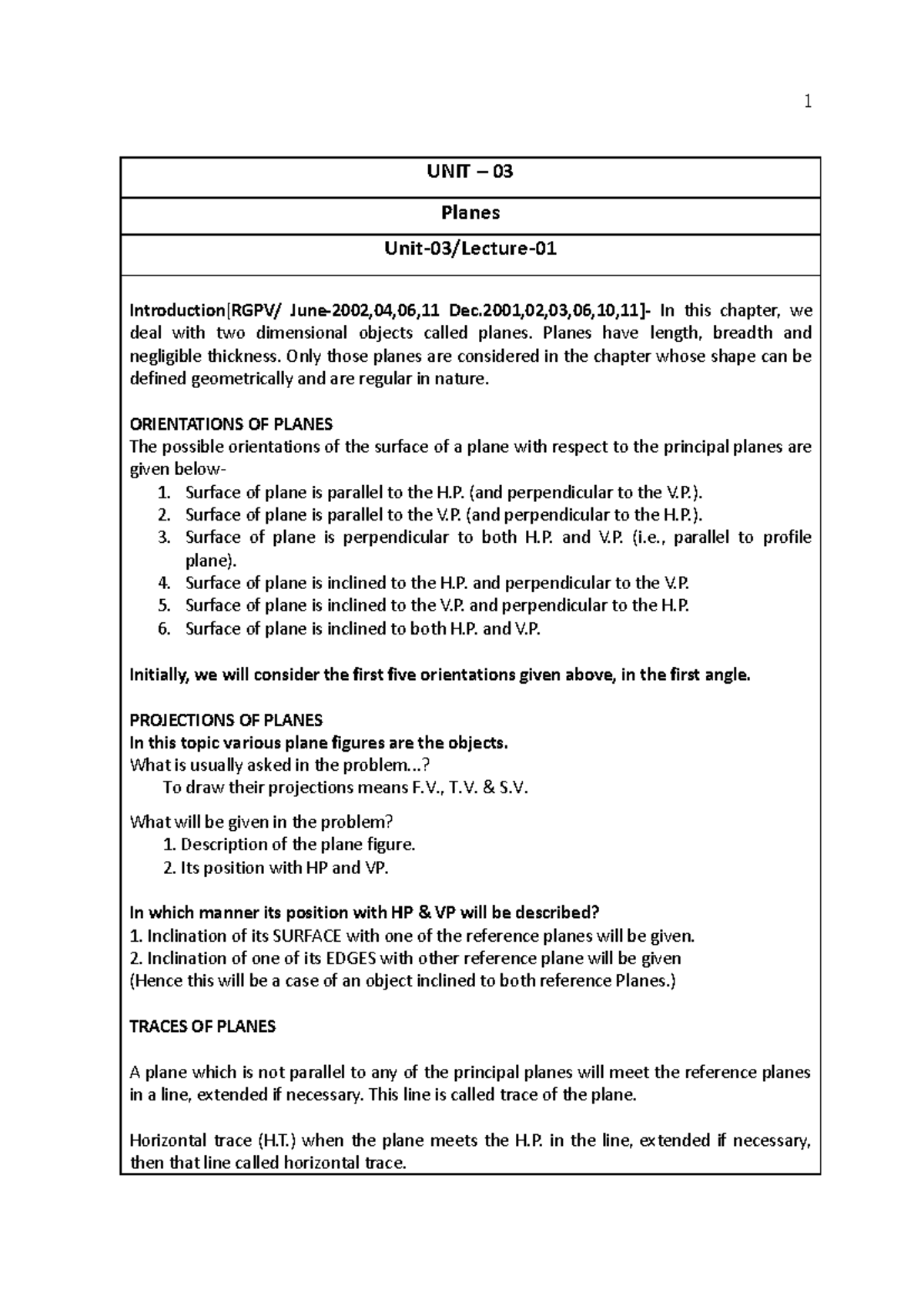 Unit-3 BT-1005 EG - Report - UNIT – 03 Planes Unit-03/Lecture- 01 ...