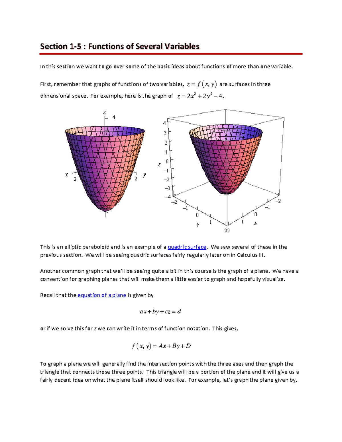 Calc Iii Multi Vrbl Fcns Section 1 5 Functions Of Several Variables