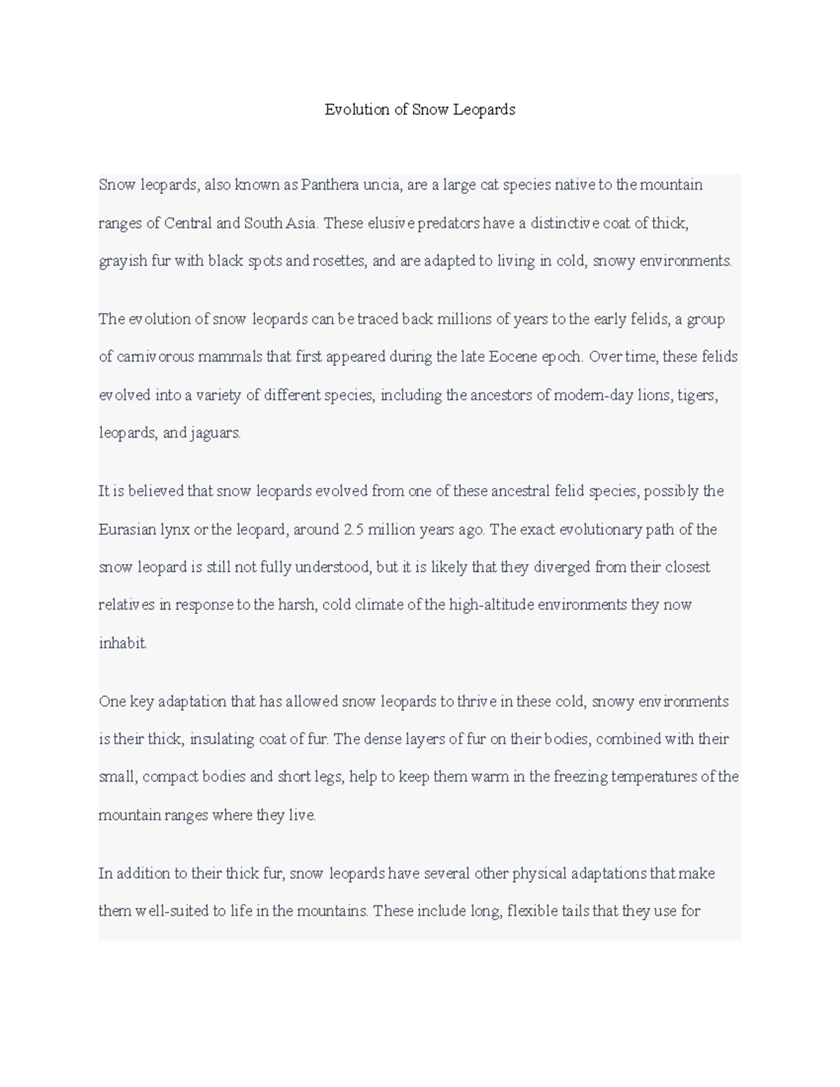 Evolution of Snowleopards - Evolution of Snow Leopards Snow leopards ...