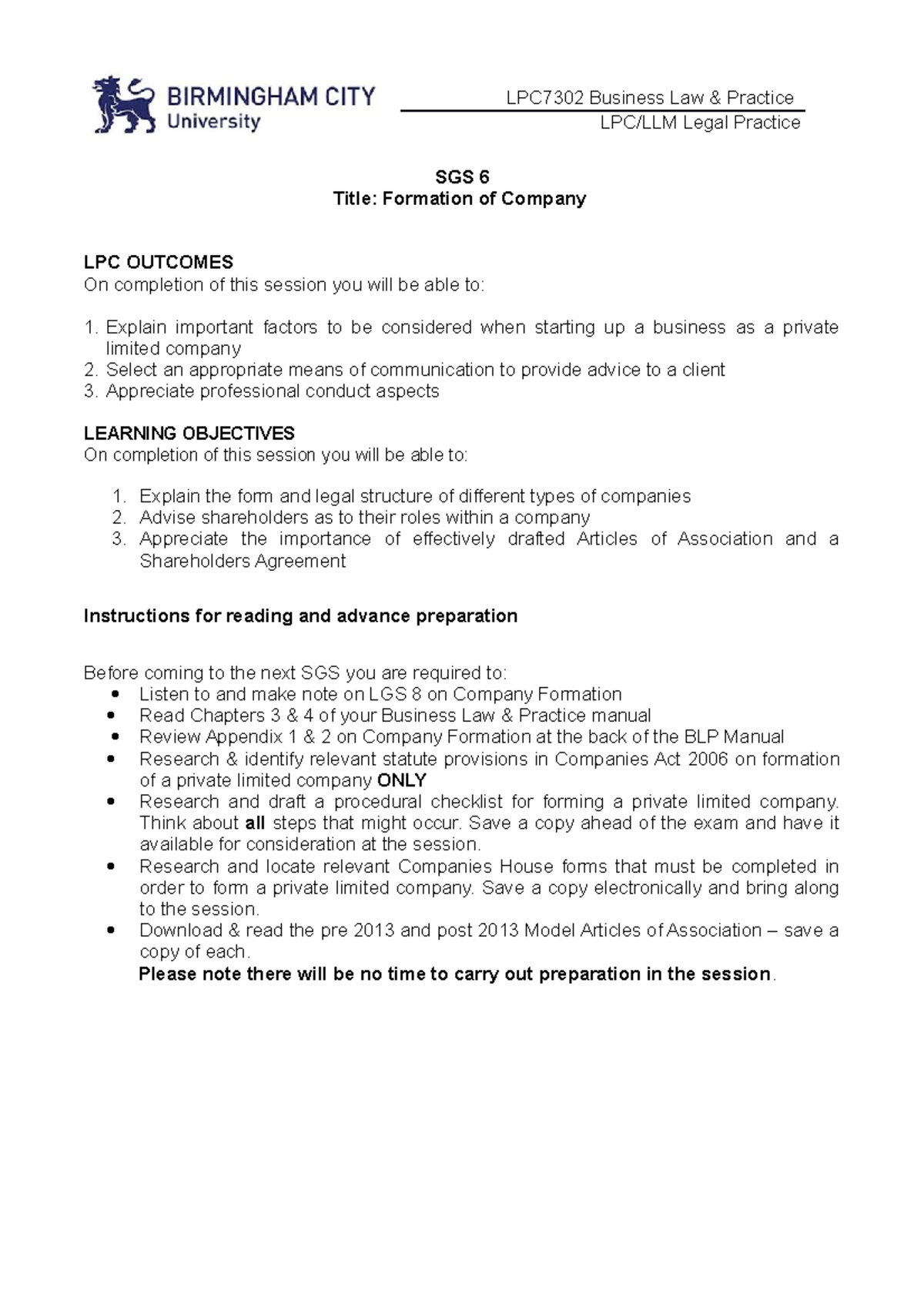 SGS 6 Company Formation - LPC7302 Business Law & Practice LPC/LLM Legal ...
